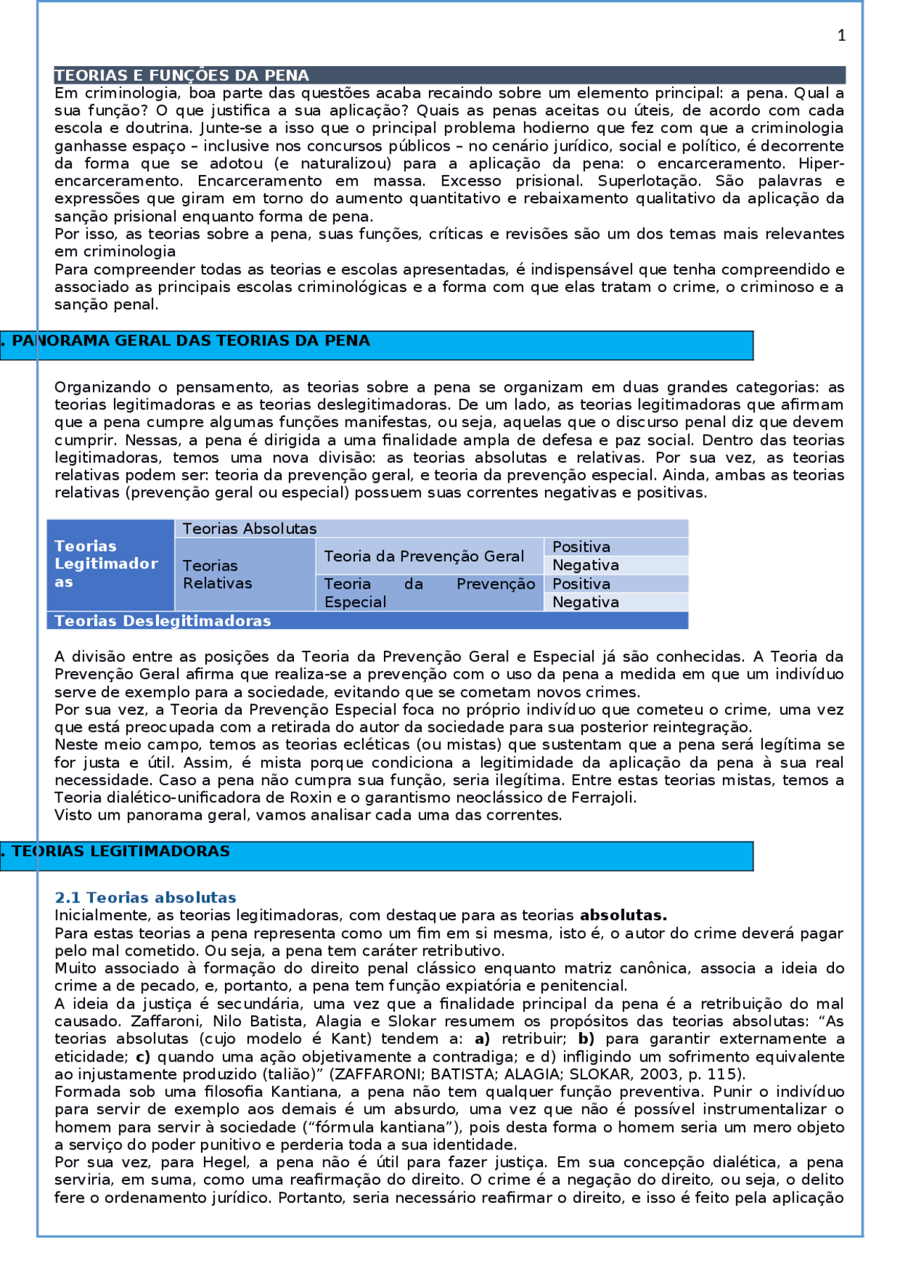 Teorias da Pena e o Sistema Penal Brasileiro | Esquemas Direito Penal | Docsity