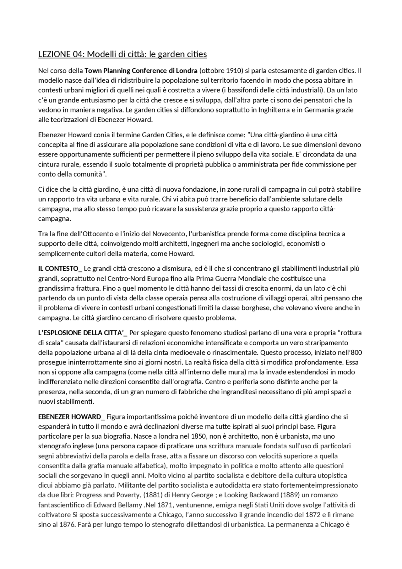 Riassunto lezione "Città Giardino" | Appunti di Urbanistica | Docsity
