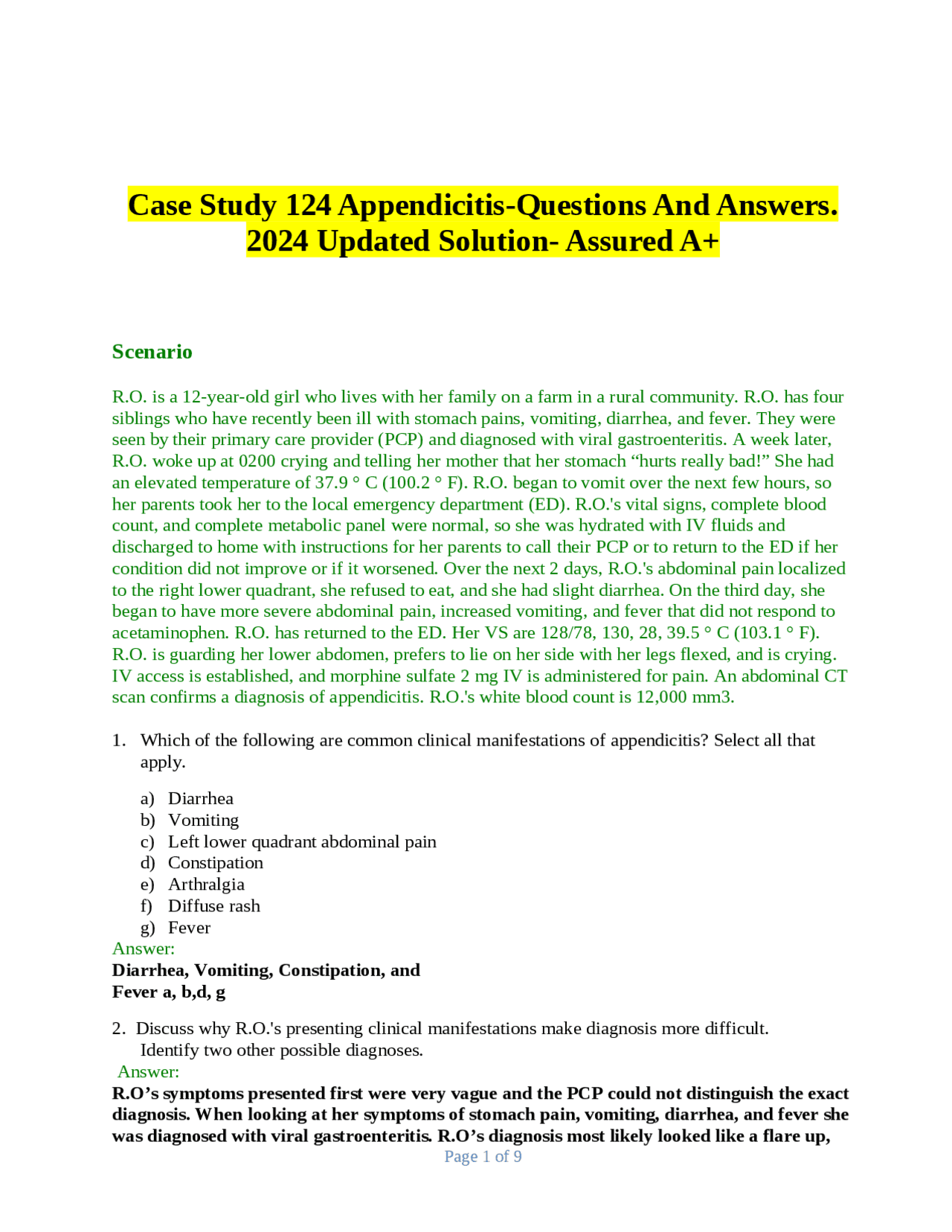 Case Study: Diagnosis and Treatment of Appendicitis in R.O. | Exams Nursing | Docsity