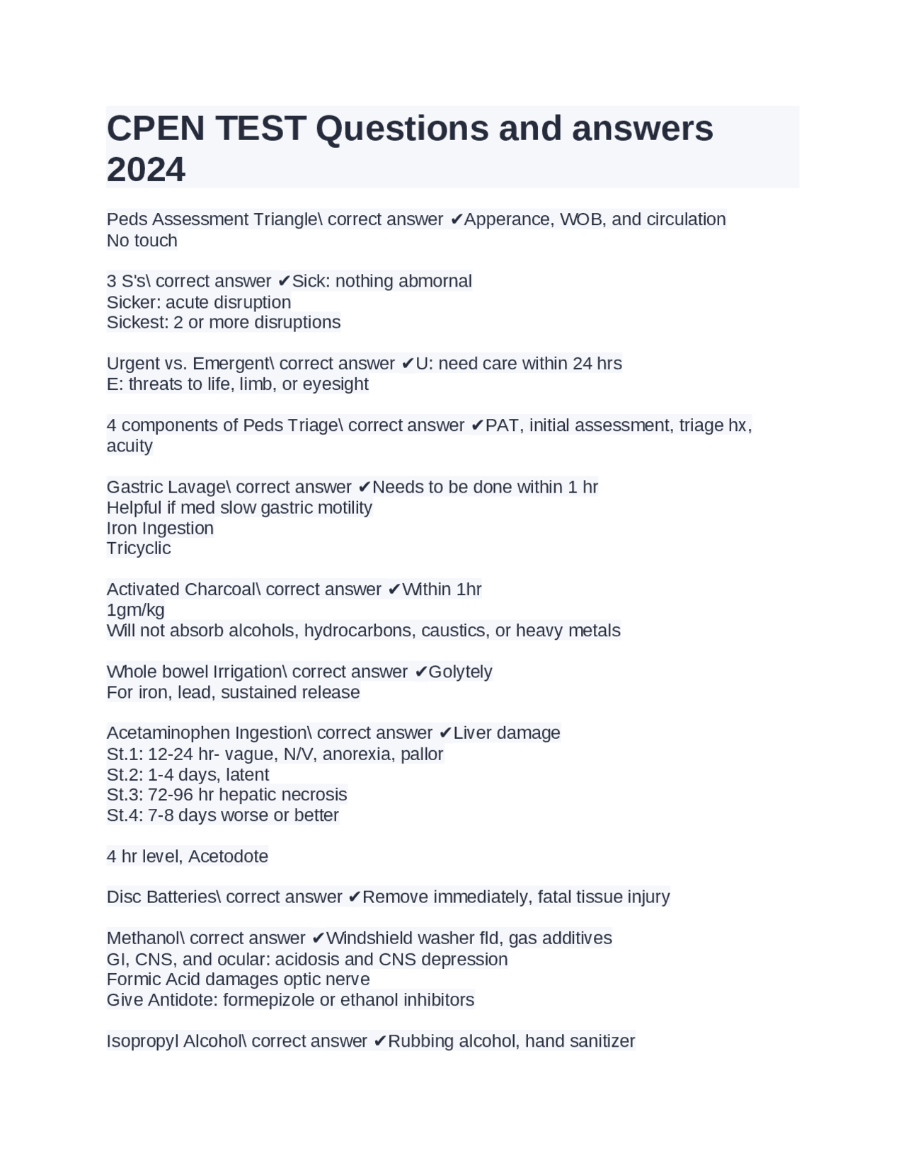 CPEN TEST Questions and answers 2024 | Exams Nursing | Docsity