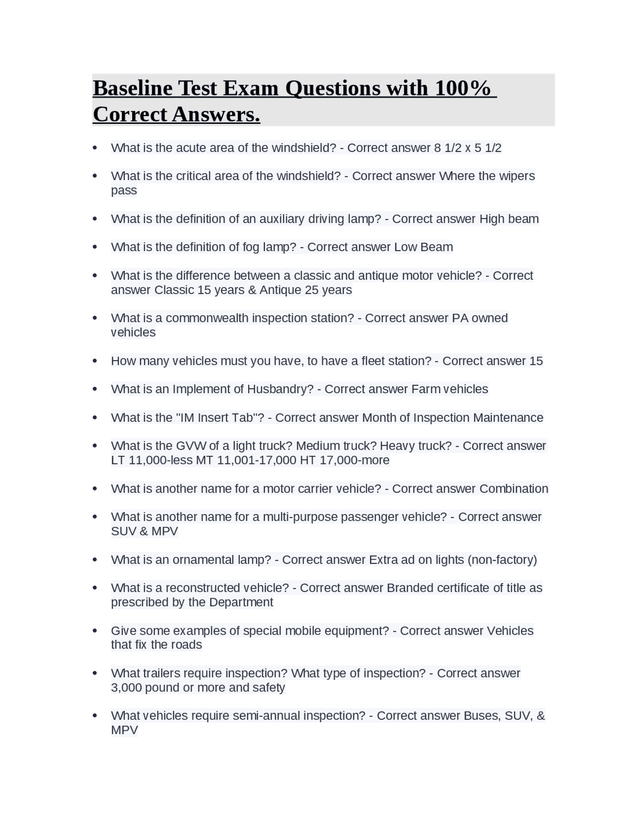 Baseline Test Exam Questions with 100% Correct Answers. | Exams ...