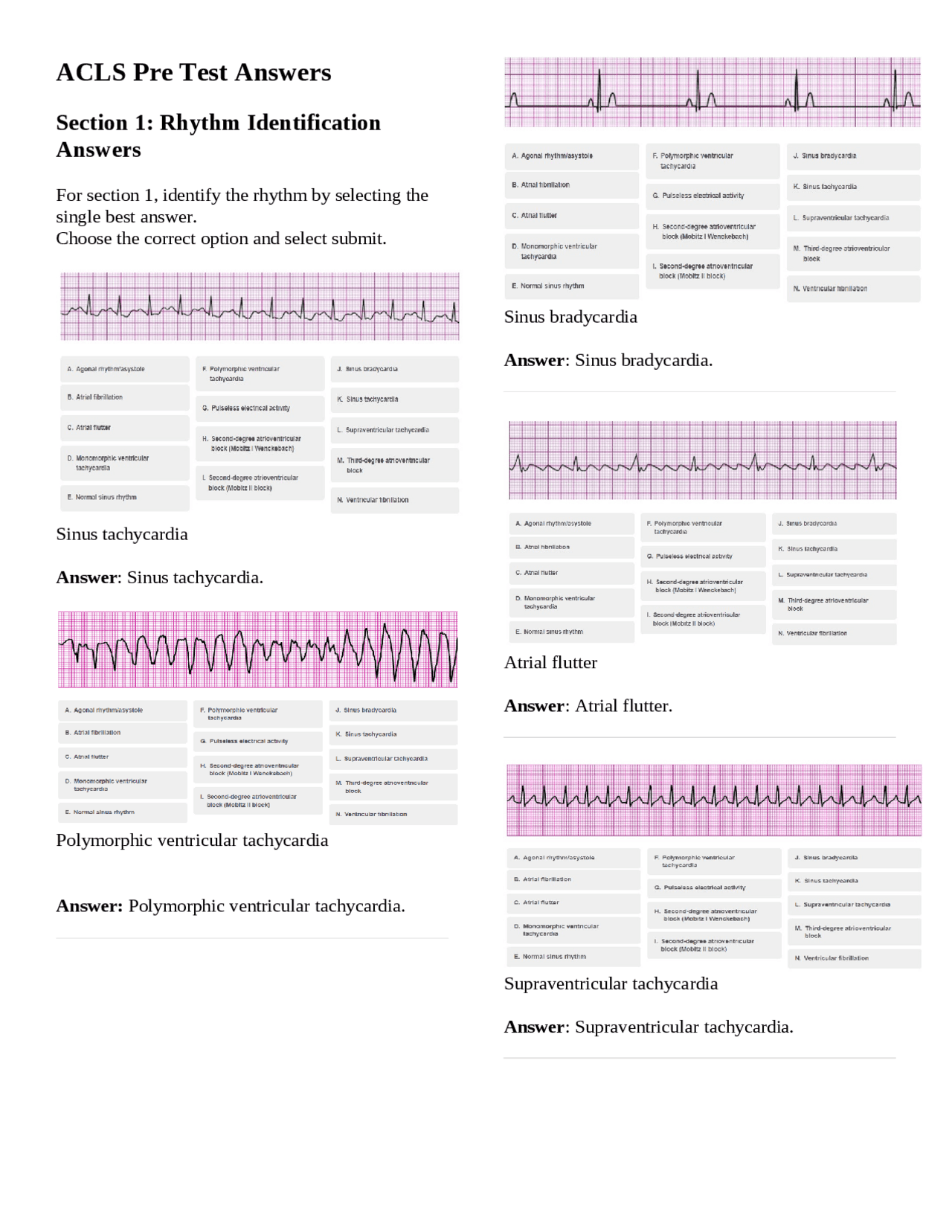 ACLS - AHA com questões para praticar | Esquemas Medicina | Docsity