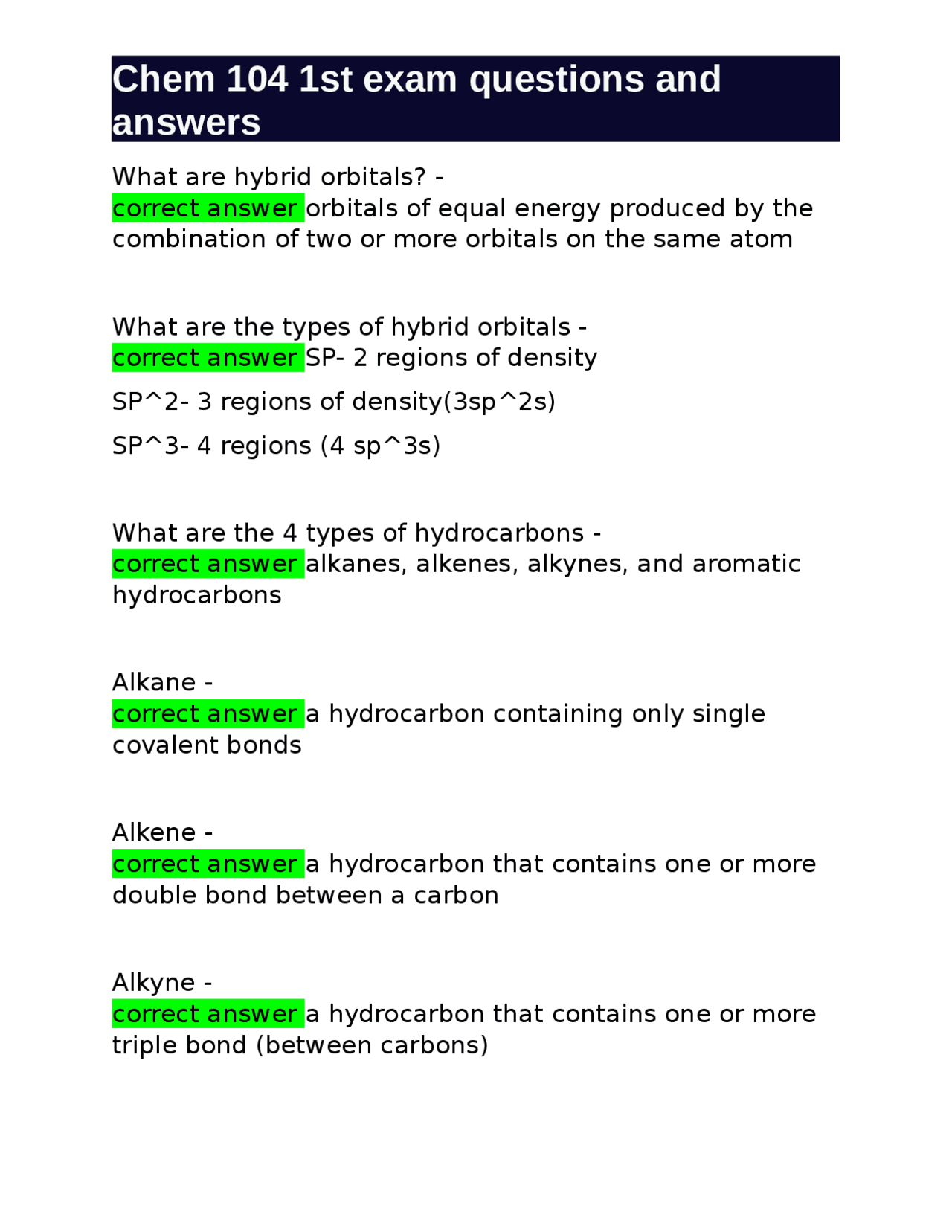 Chem 104: Exam Questions and Answers - Organic Chemistry | Exams ...