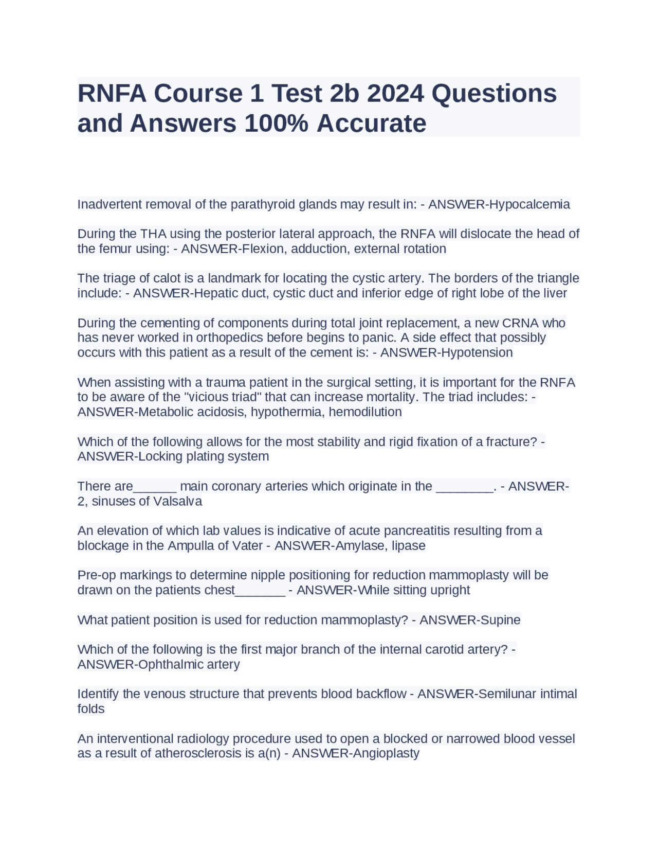 RNFA Course 1 Test 2b 2024 Questions and Answers 100% Accurate | Exams ...