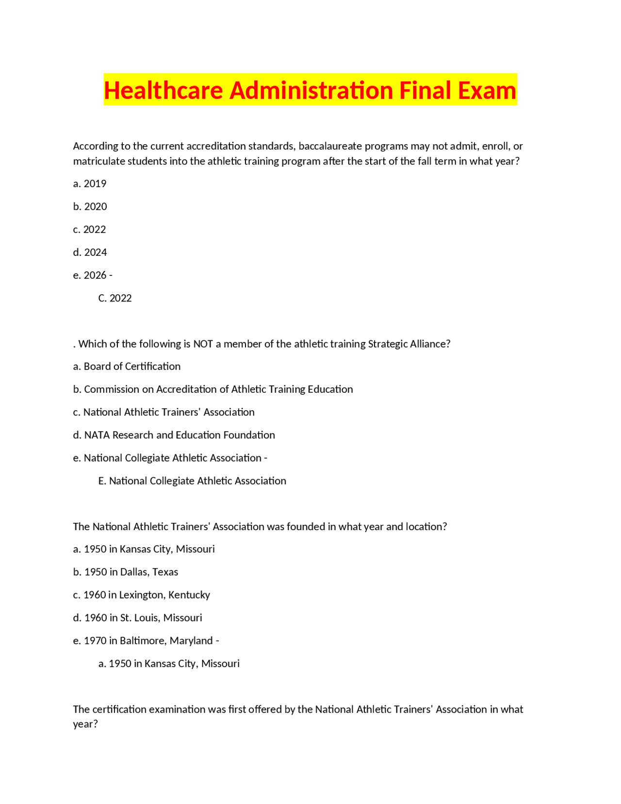Healthcare Administration Final Exam | Exams Nursing | Docsity
