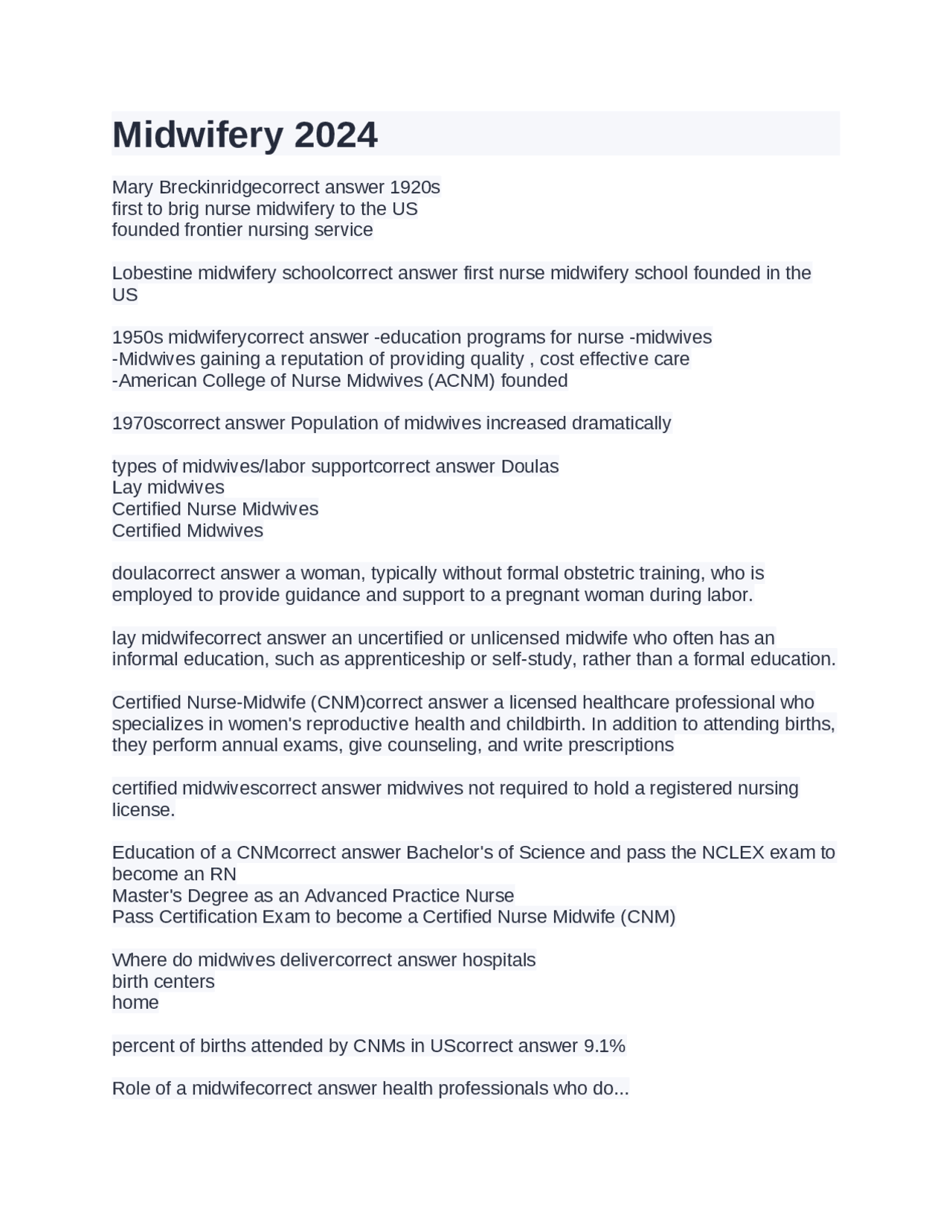 Midwifery Questions and answers 2024 | Exams Nursing | Docsity