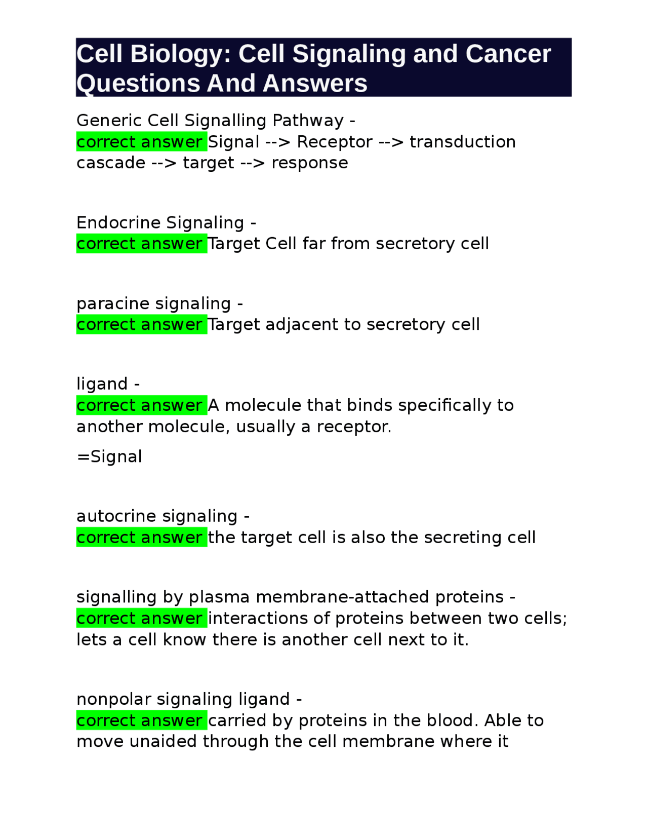 Cell Biology: Cell Signaling and Cancer Questions And Answers | Exams ...
