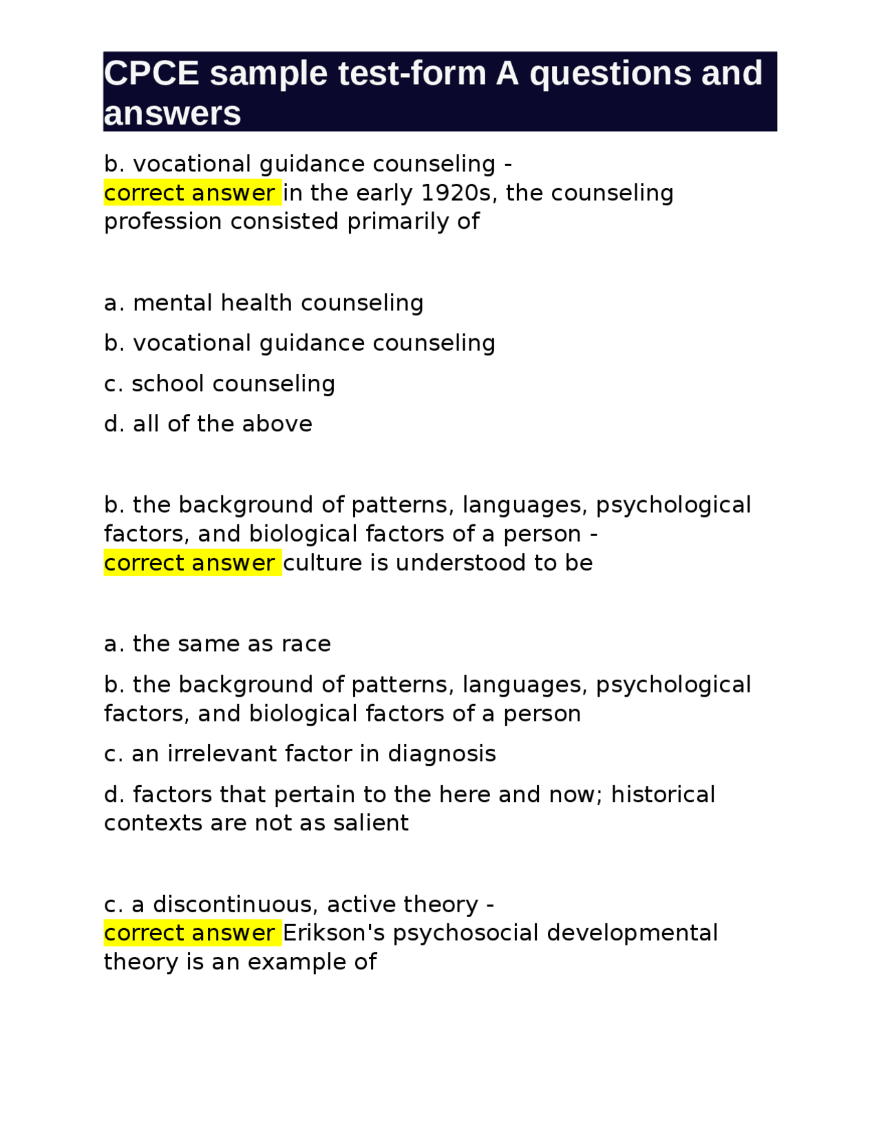 CPCE Sample Test-Form A: Psychology and Counseling Questions | Exams ...