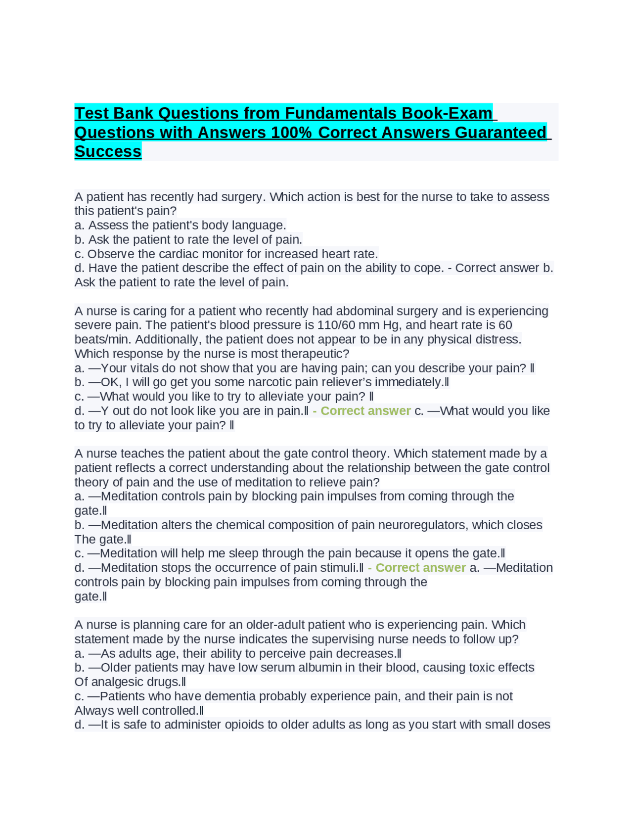 Test Bank Questions from Fundamentals Book-Exam Questions with Answers ...