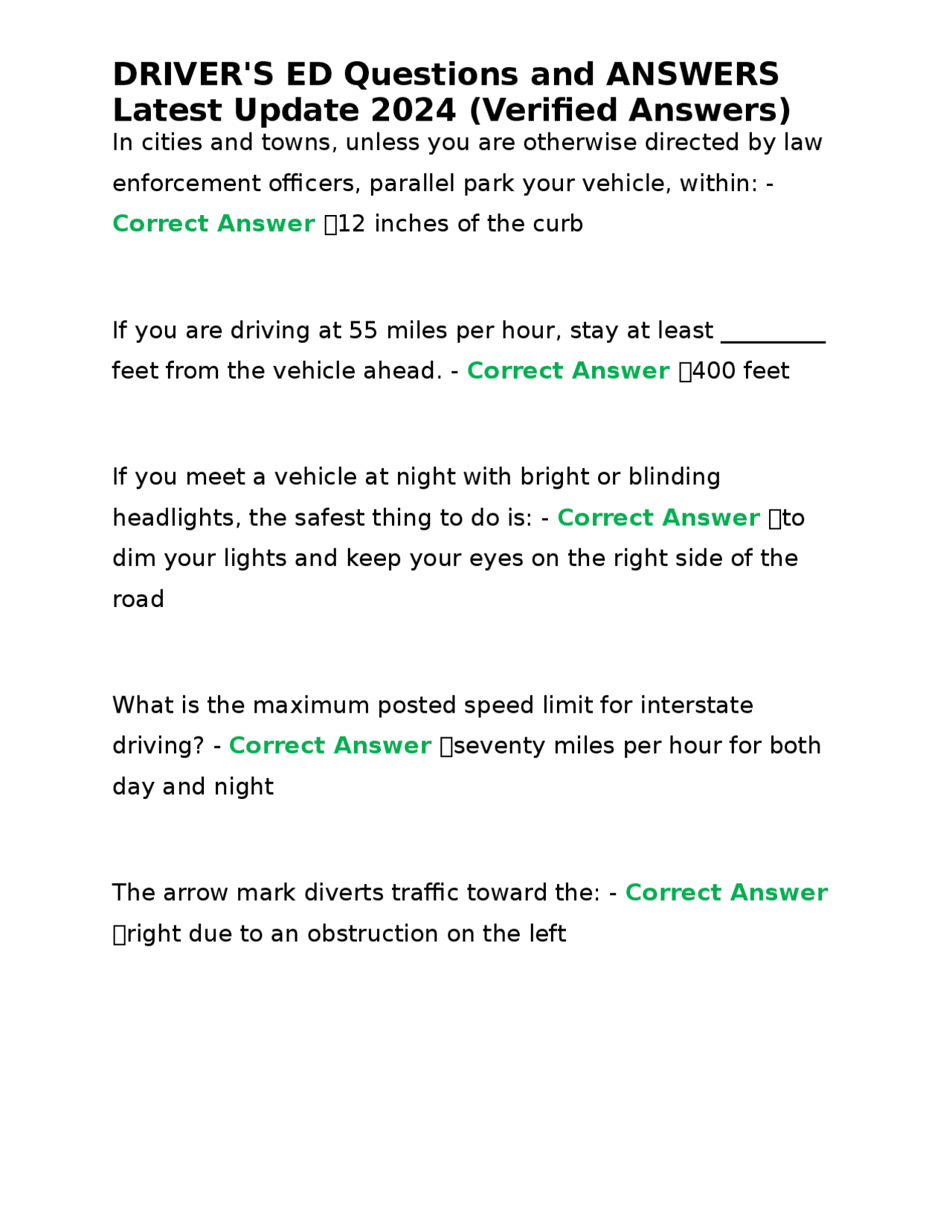 DRIVER'S ED Questions and ANSWERS Latest Update 2024 (Verified Answers ...