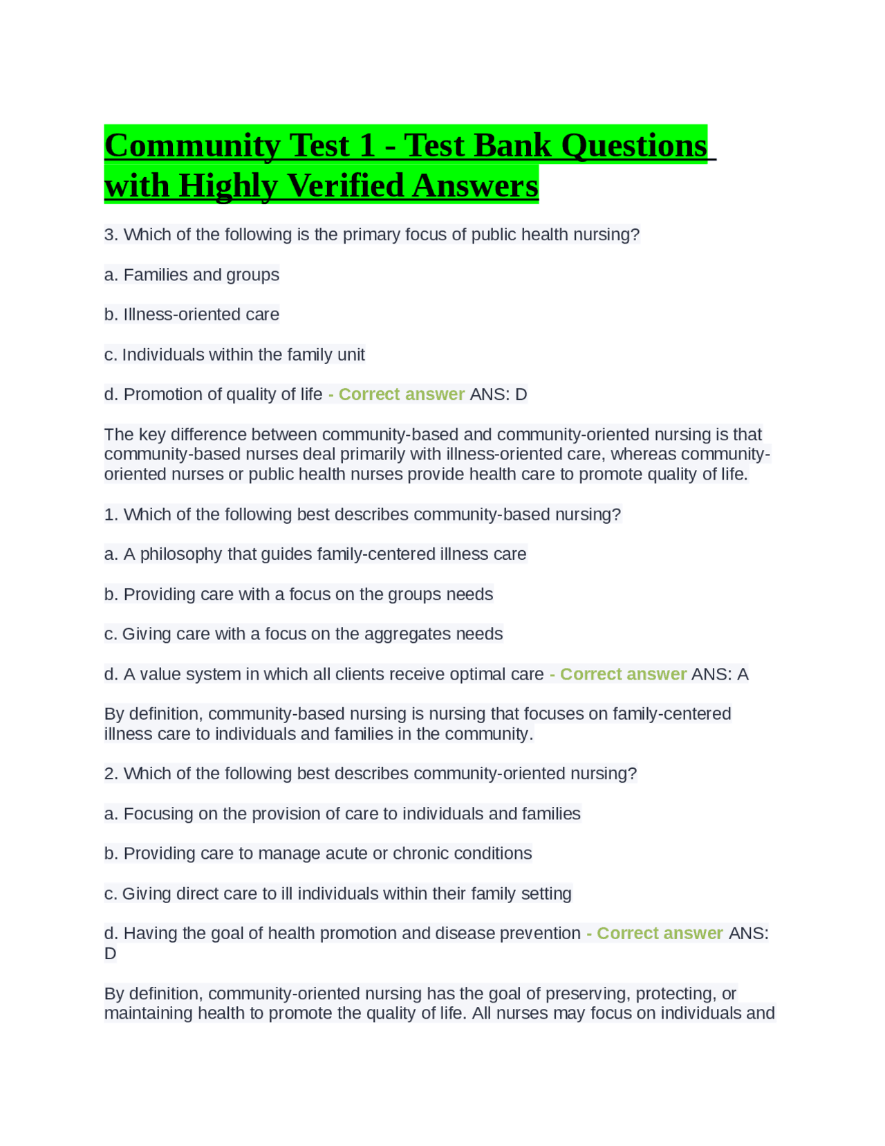 Community Test 1 - Test Bank Questions with Highly Verified Answers ...
