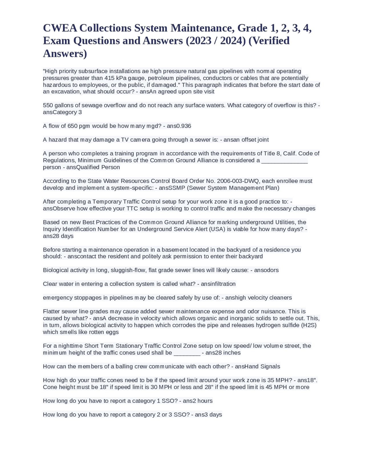 CWEA Collections System Maintenance, Grade 1, 2, 3, 4, Exam Questions ...