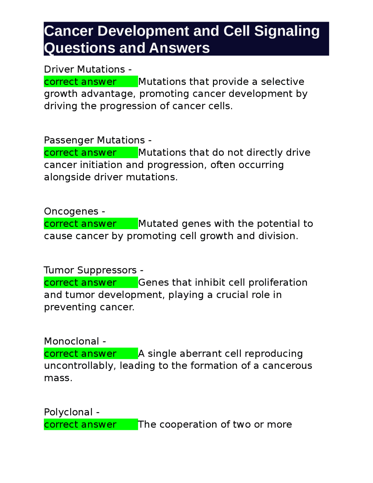 Cancer Development and Cell Signaling Questions and Answers | Exams ...