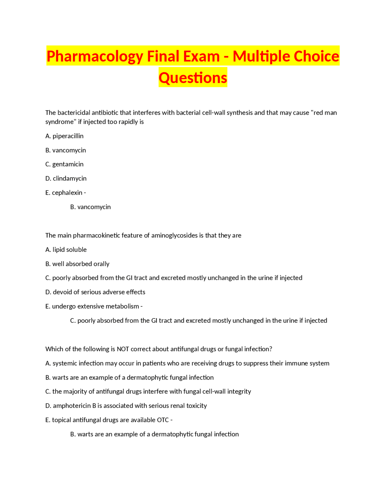 Pharmacology Final Exam - Multiple Choice Questions | Exams Pharmacognosy | Docsity
