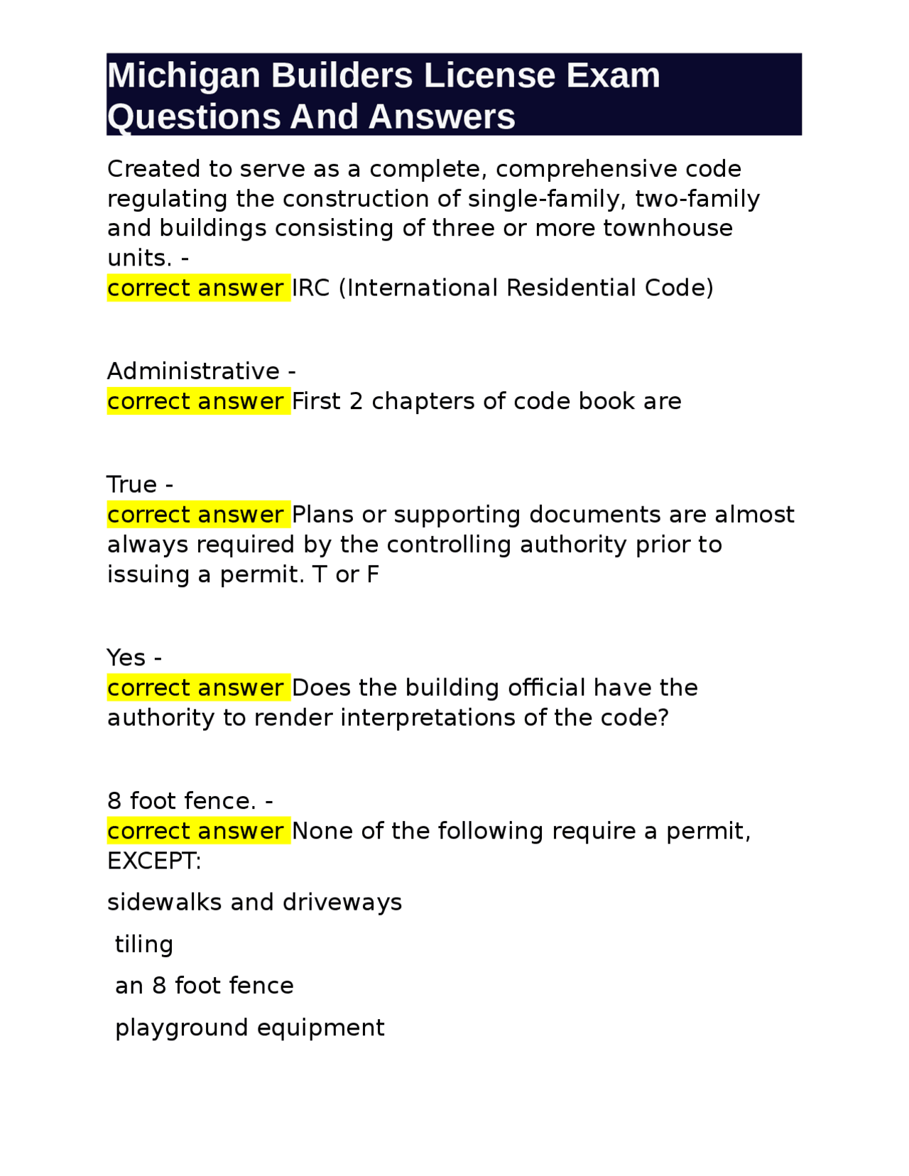Michigan Builders License Exam Questions And Answers | Exams ...