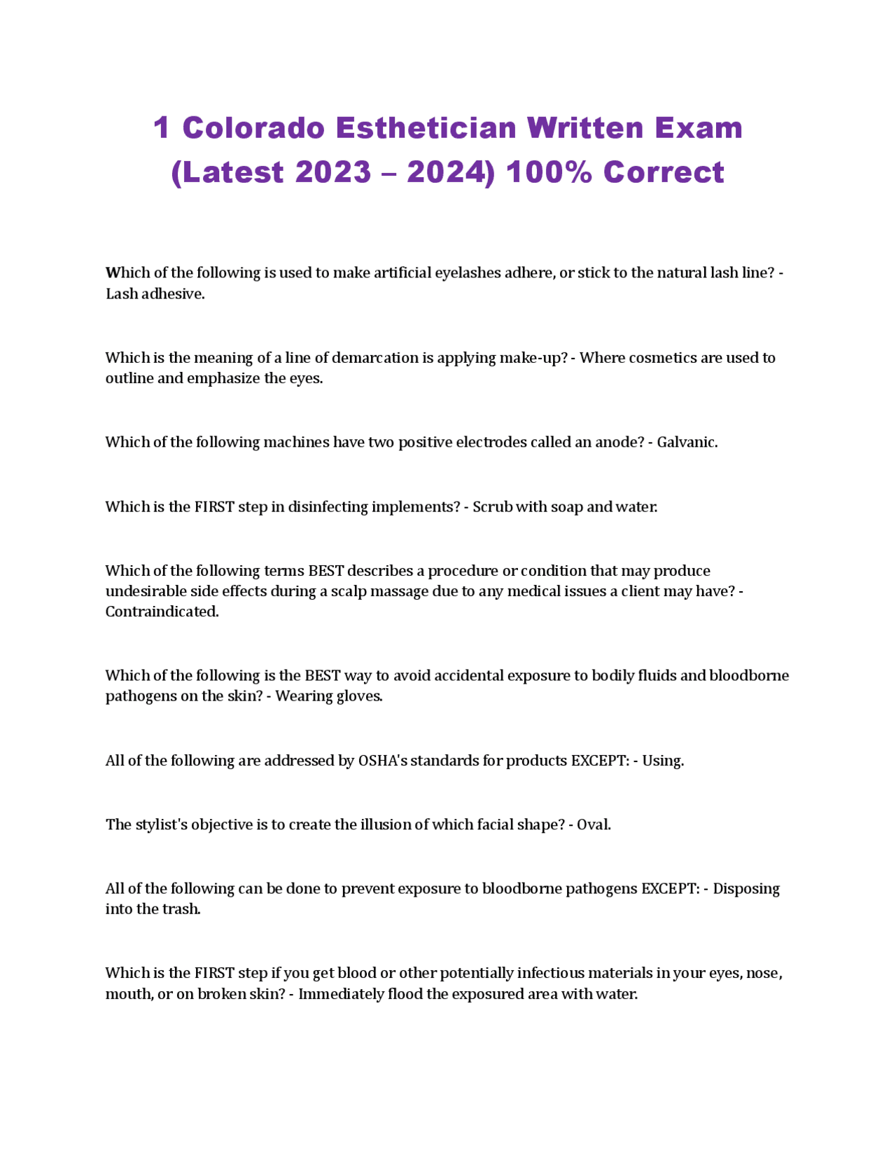 1 Colorado Esthetician Written Exam (Latest 2023 – 2024) 100% Correct ...