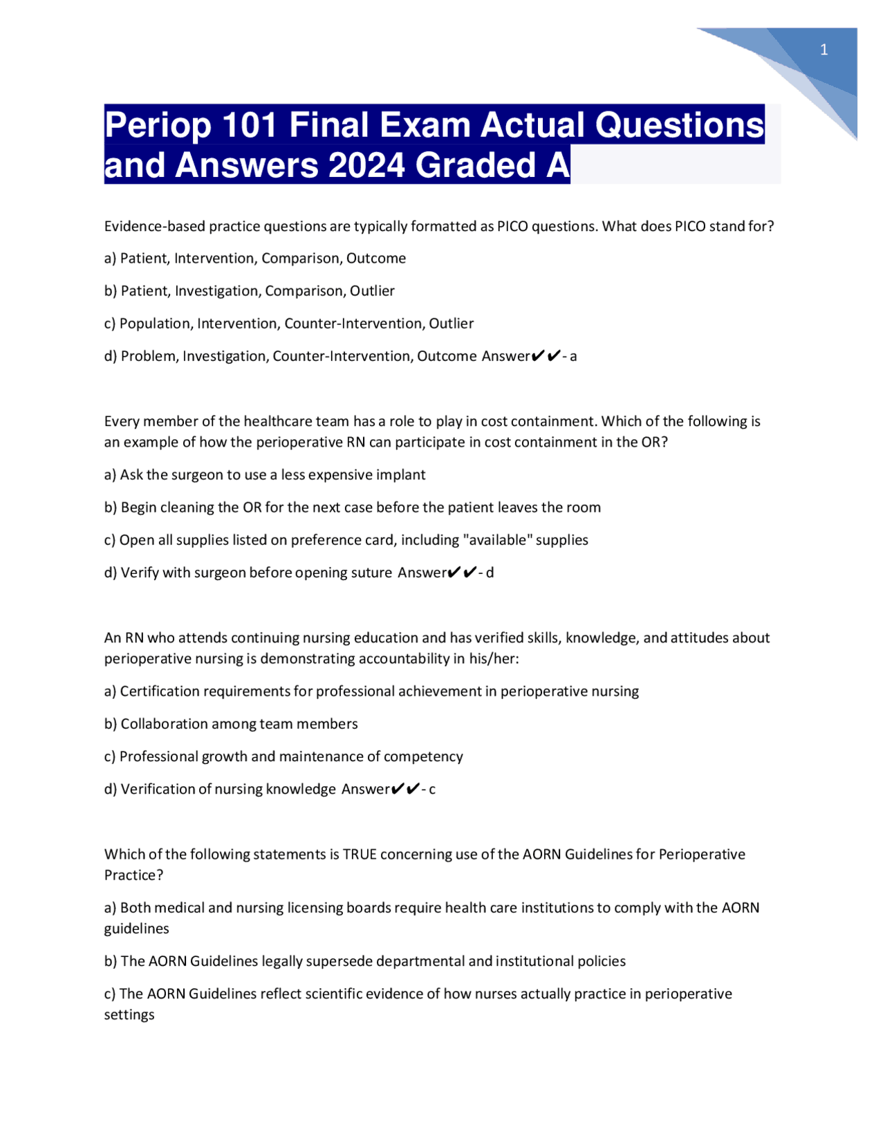 Periop 101 Final Exam Actual Questions and Answers 2024 Graded A+ ...