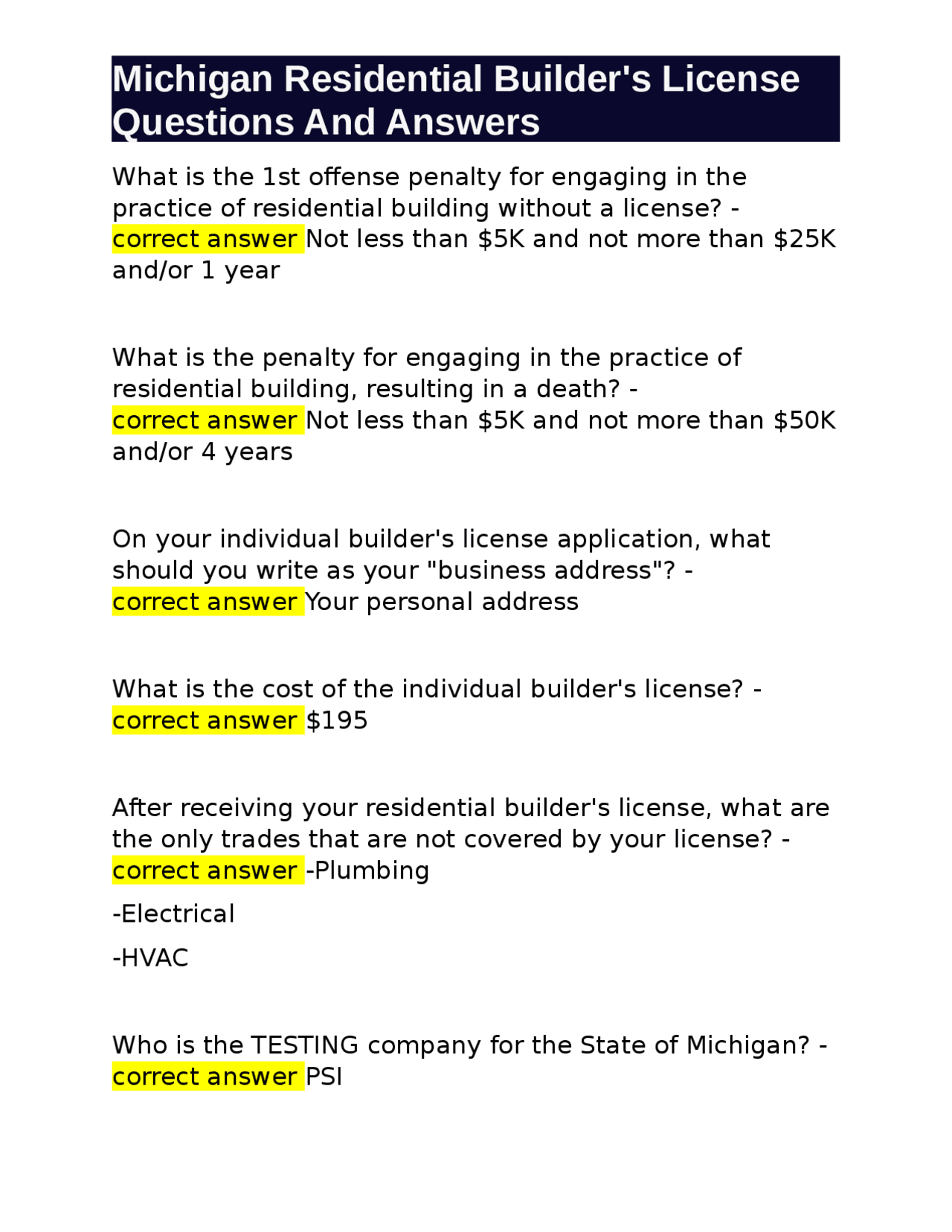 Michigan Residential Builder's License Questions And Answers | Exams ...