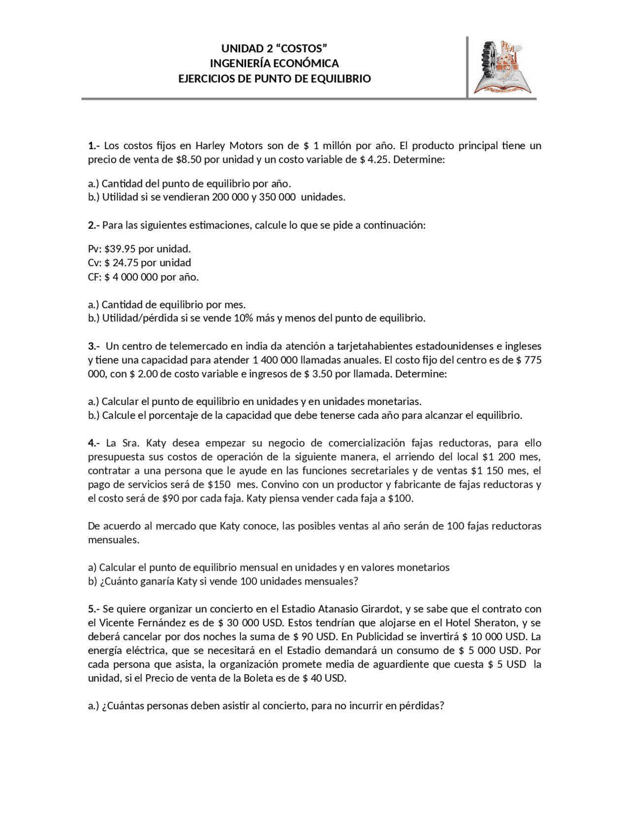 Ejercicios u2 de ingeniería económica | Ejercicios de Ingeniería económica | Docsity