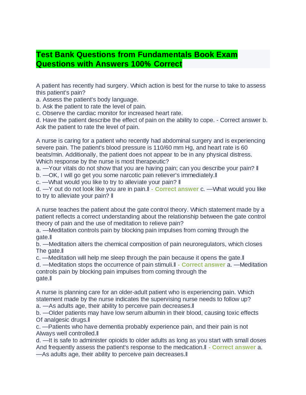 Nursing: Understanding and Managing Patient Pain | Exams Nursing | Docsity