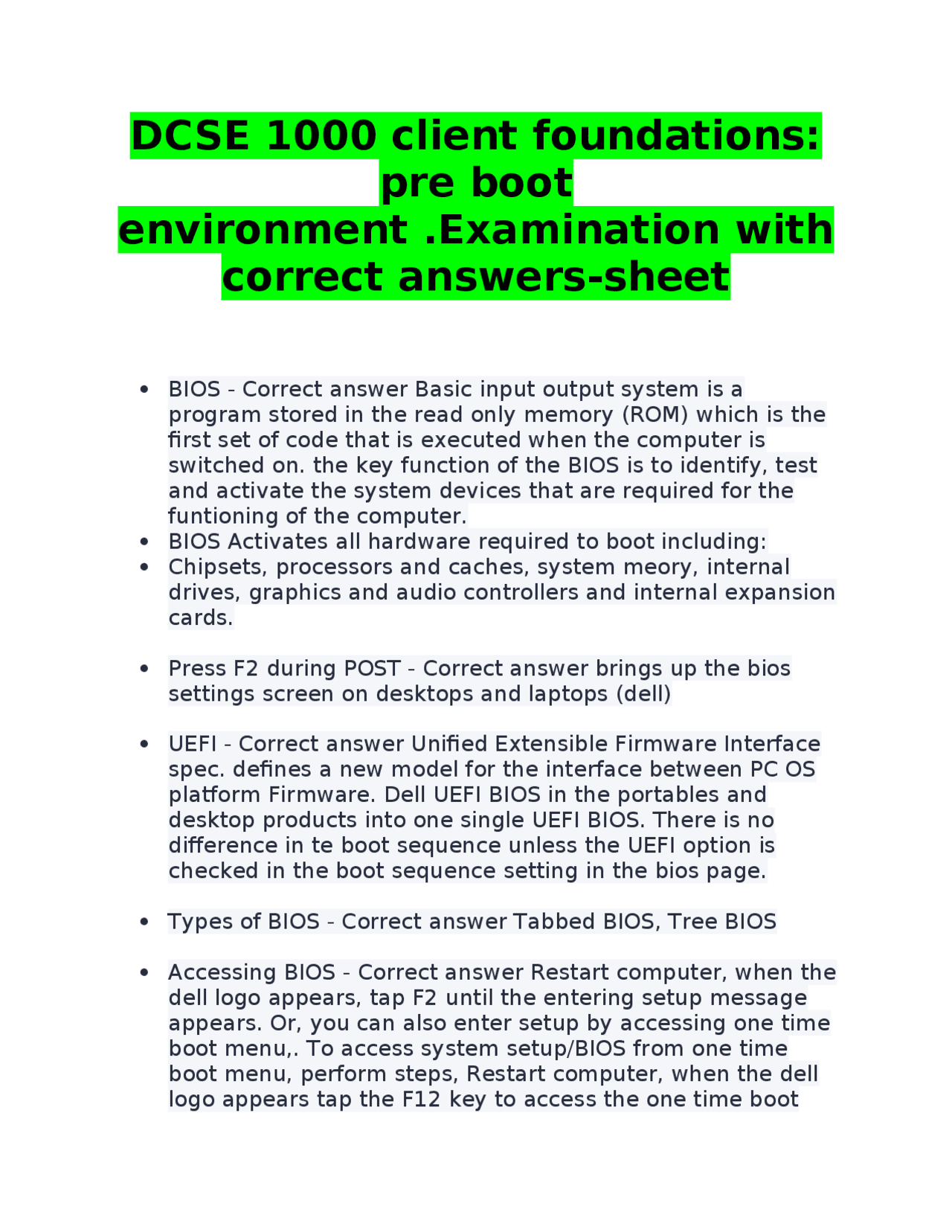 DCSE 1000 client foundations: pre boot environment .Examination with ...