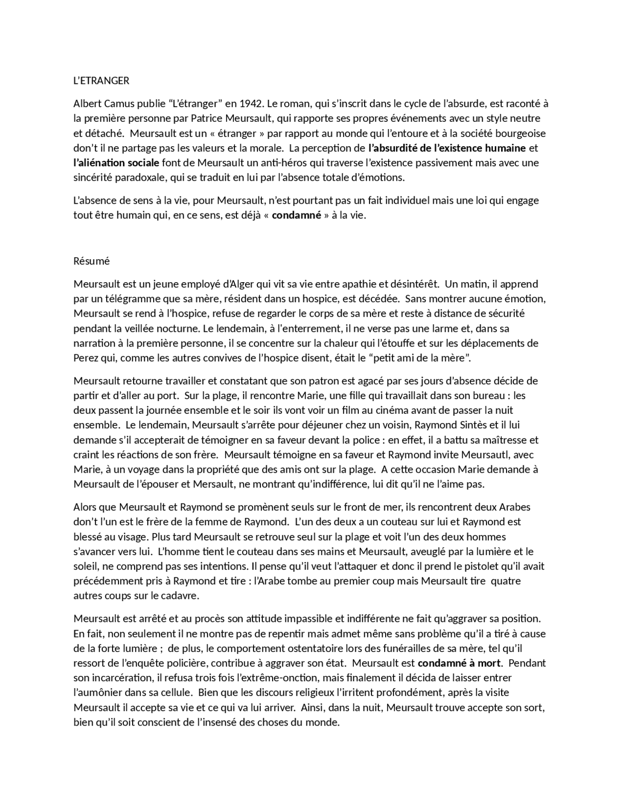l'etranger de Albert Camus | Schemi e mappe concettuali di Francese ...