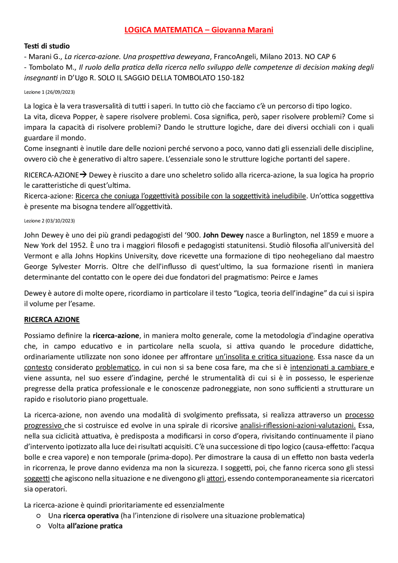 La Ricerca-Azione: Caratteristiche, Importanza e Modello Deweyan - Prof. Marani | Appunti di ...