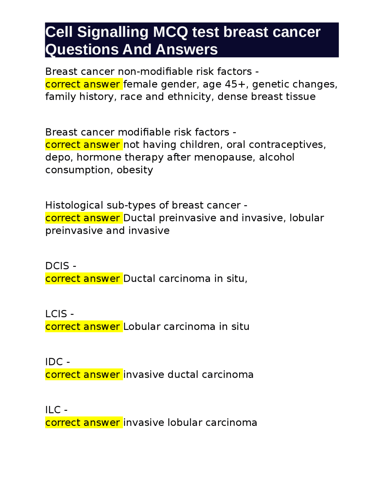 Multiple Choice Questions and Answers on Cell Signalling in Breast ...