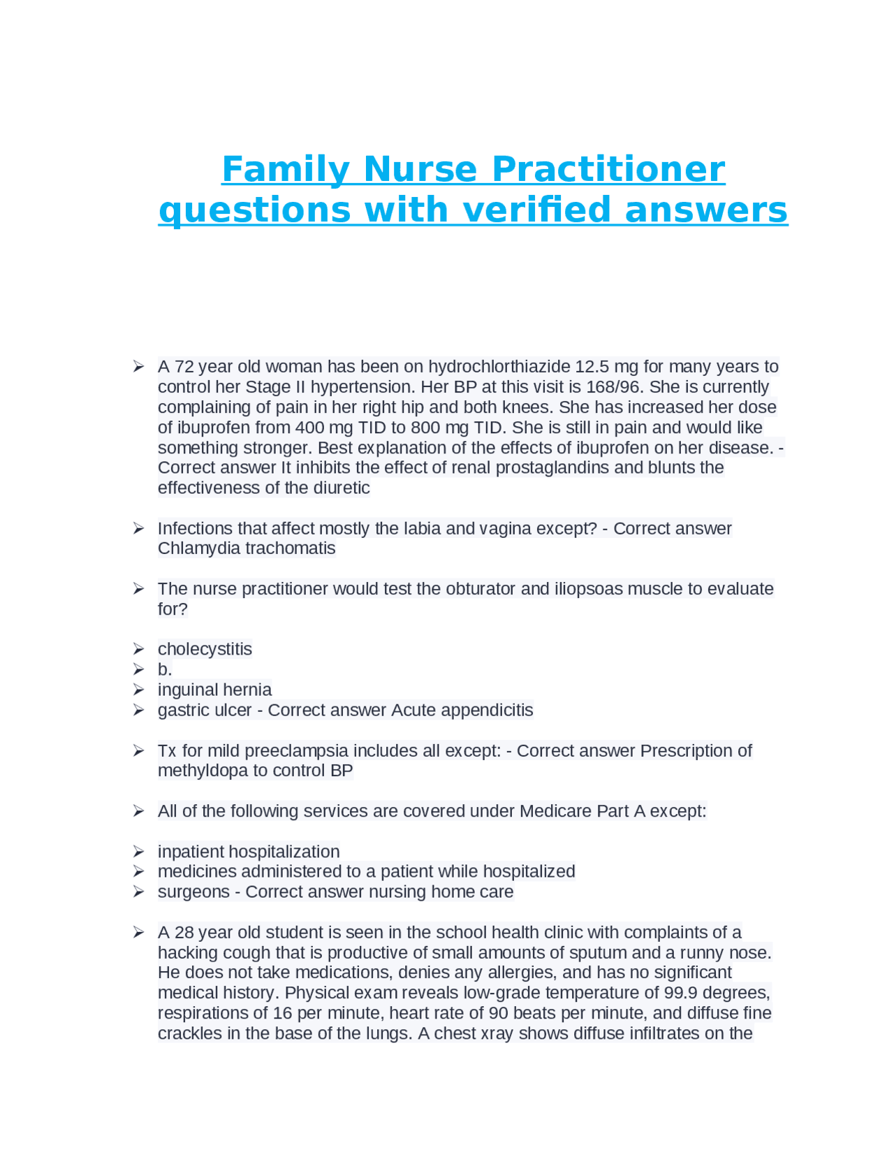 Family Nurse Practitioner questions with verified answers | Exams ...