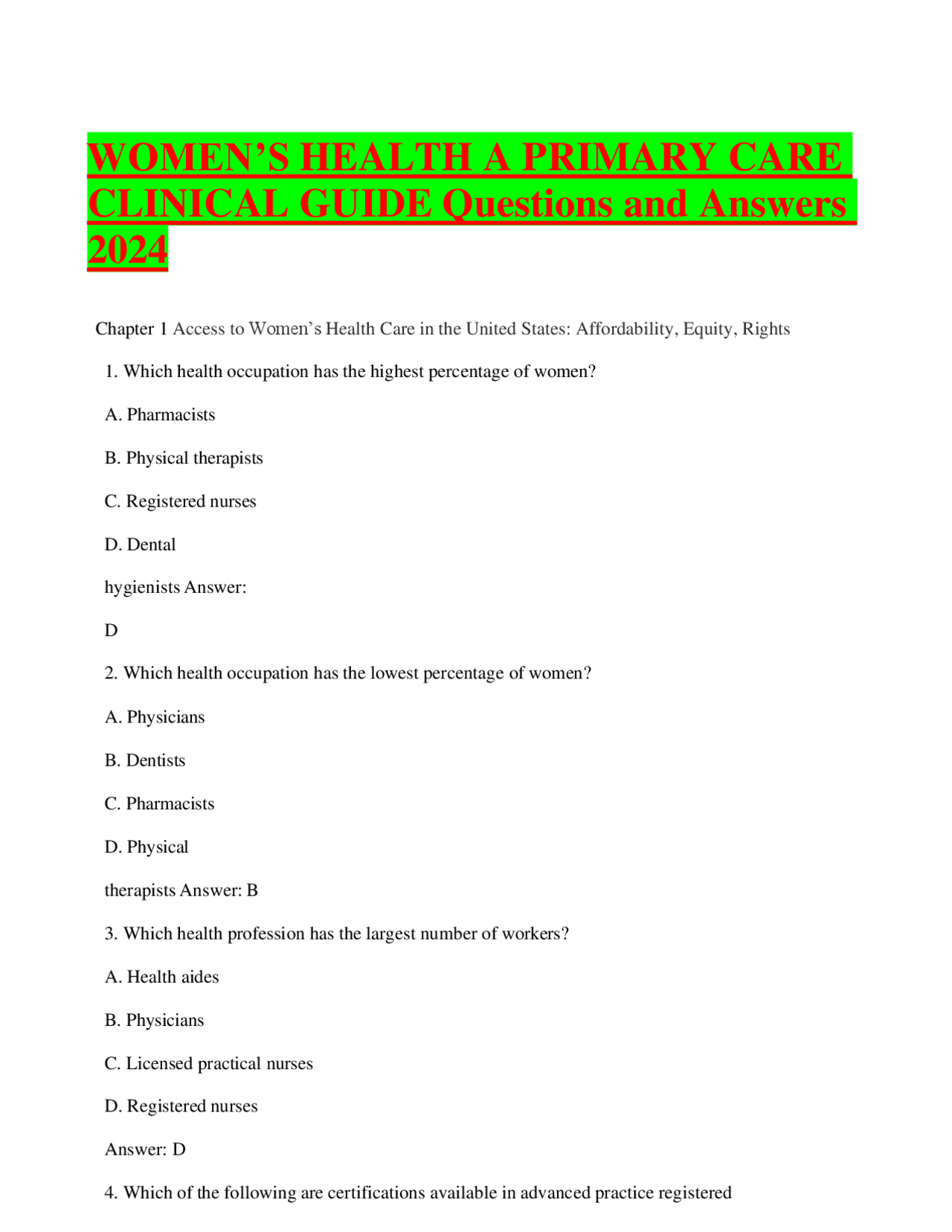 WOMEN’S HEALTH A PRIMARY CARE CLINICAL GUIDE Questions and Answers 2024 ...