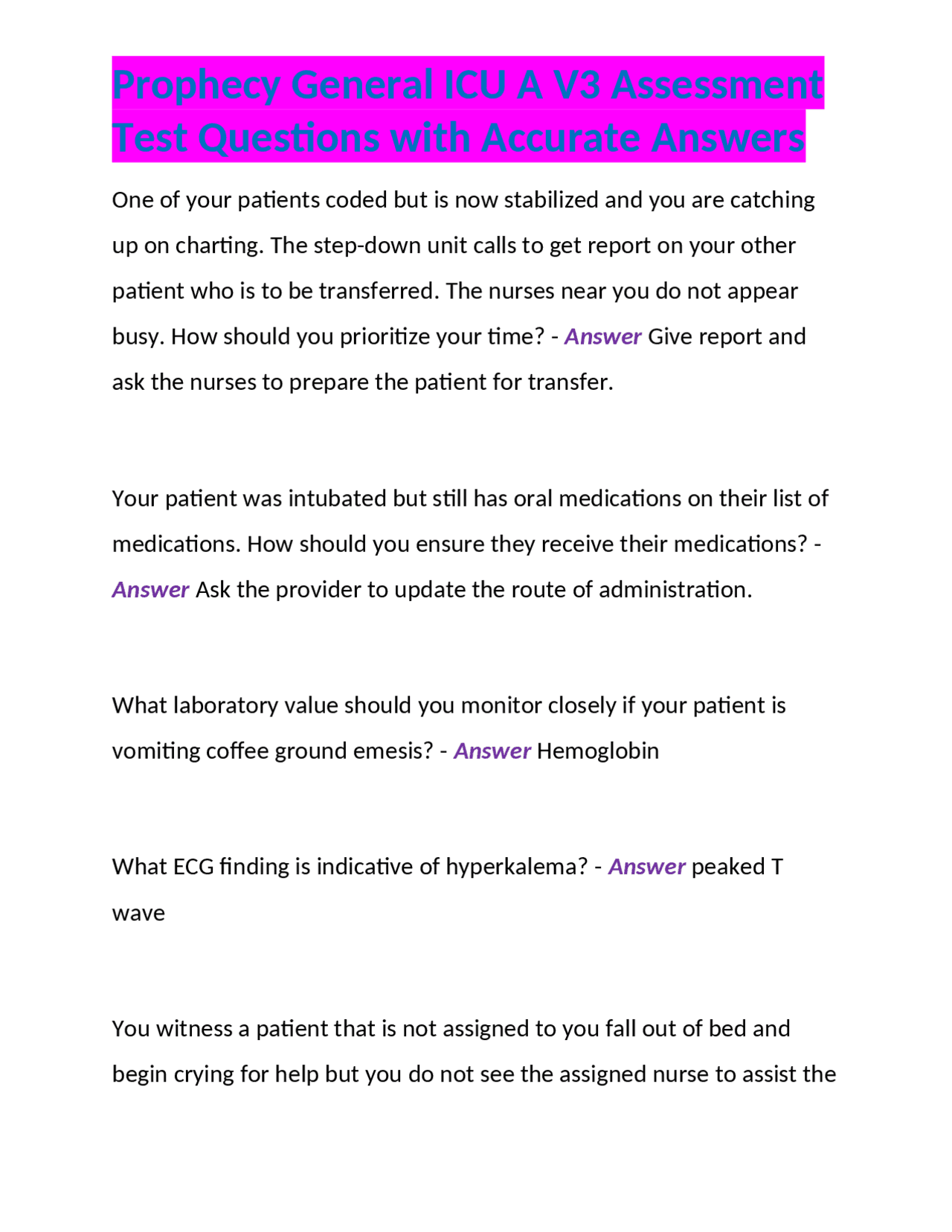 ICU Assessment Test Questions with Accurate Answers: Critical Care ...