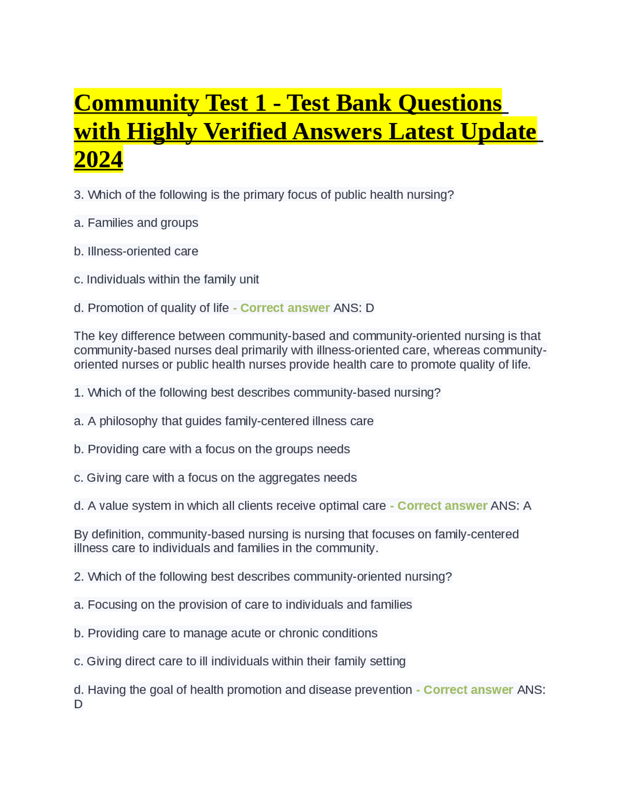 Community Test 1 - Test Bank Questions with Highly Verified Answers ...