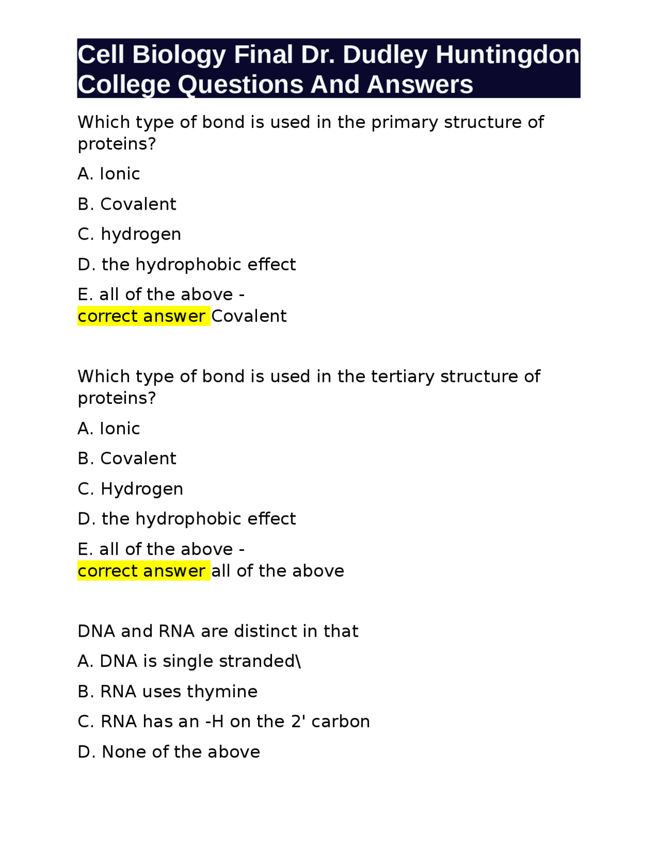 Cell Biology Final Dr. Dudley Huntingdon College Questions And Answers ...