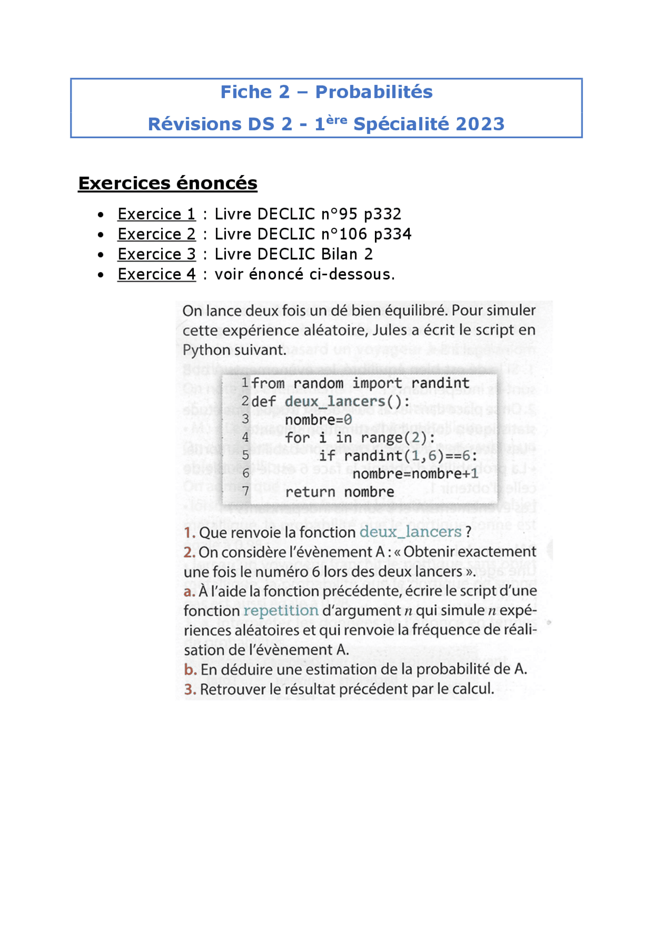 Probabilités classe de 2nd ou première | Slides Mathématiques | Docsity