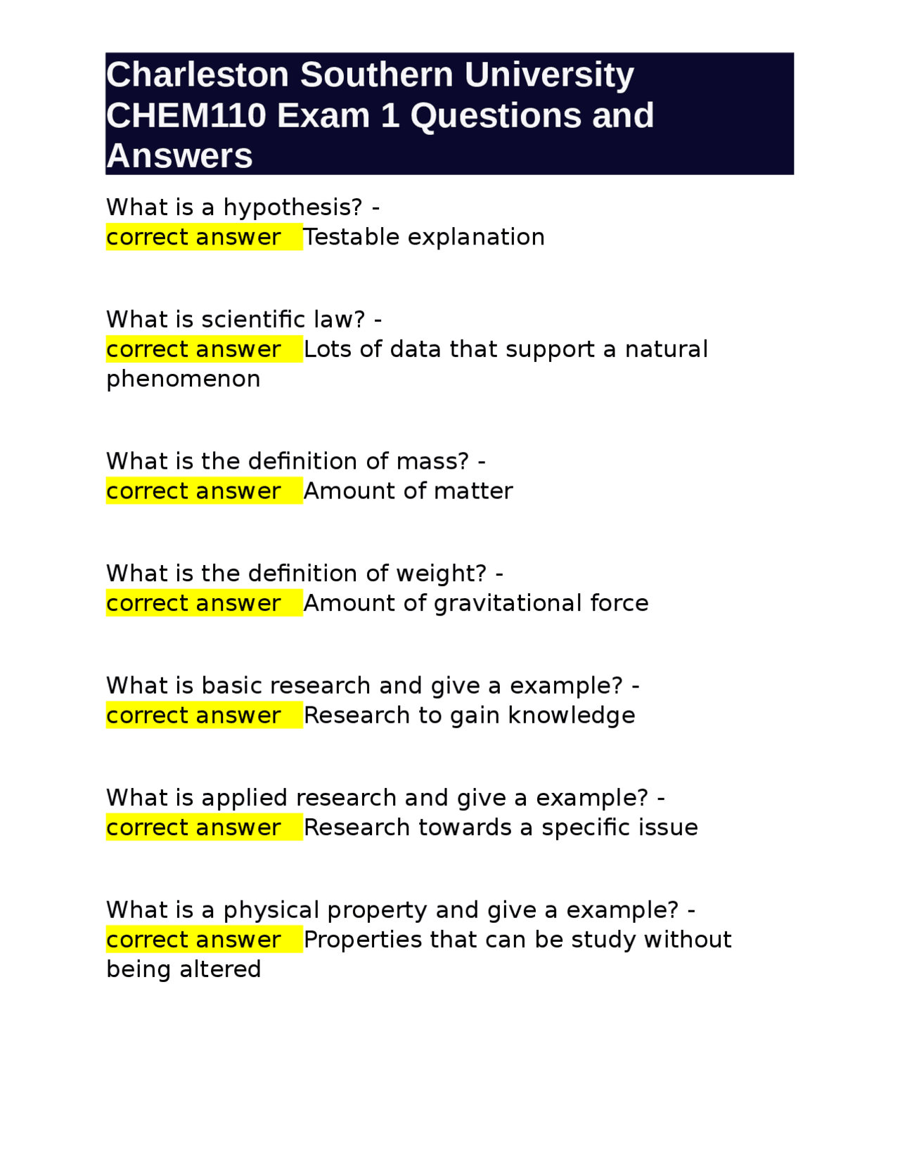 Charleston Southern University CHEM110 Exam 1: Questions and Answers ...
