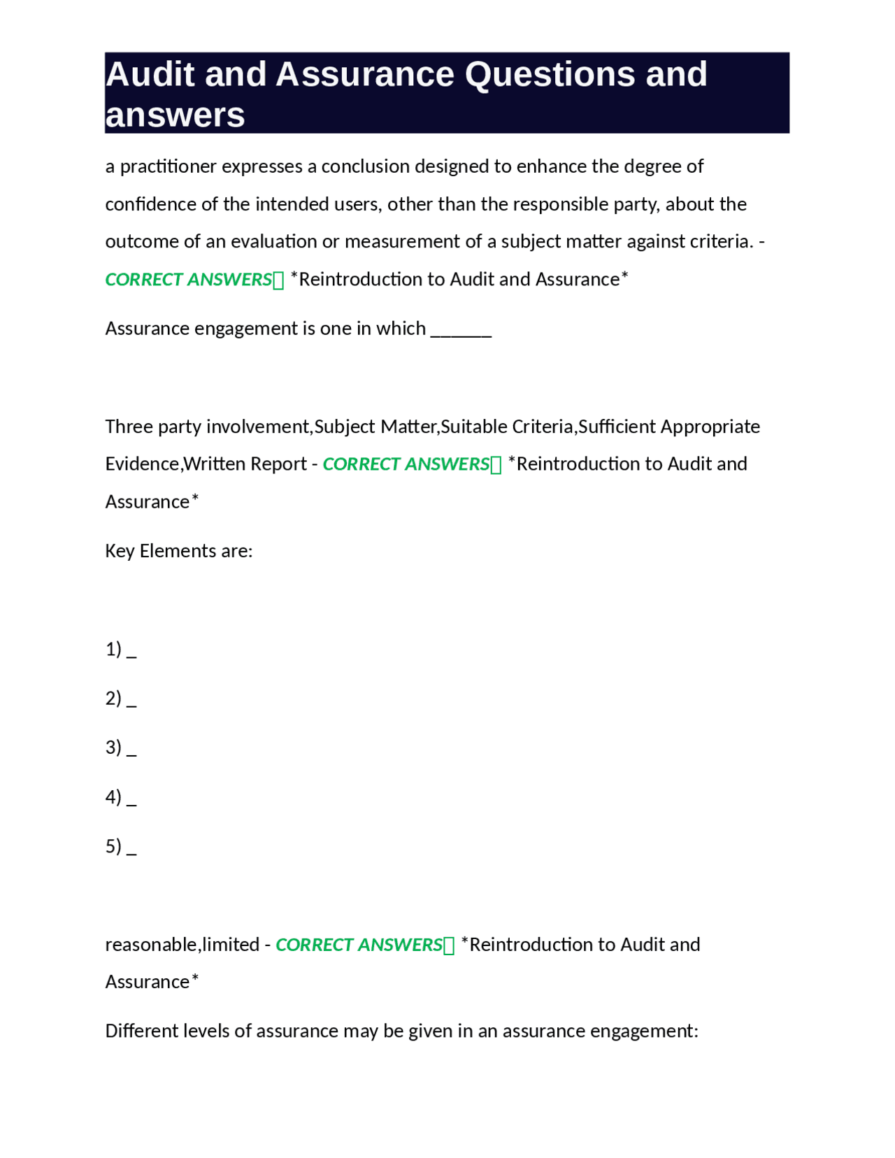 Audit and Assurance Questions and answers Audit and Assurance Questions ...