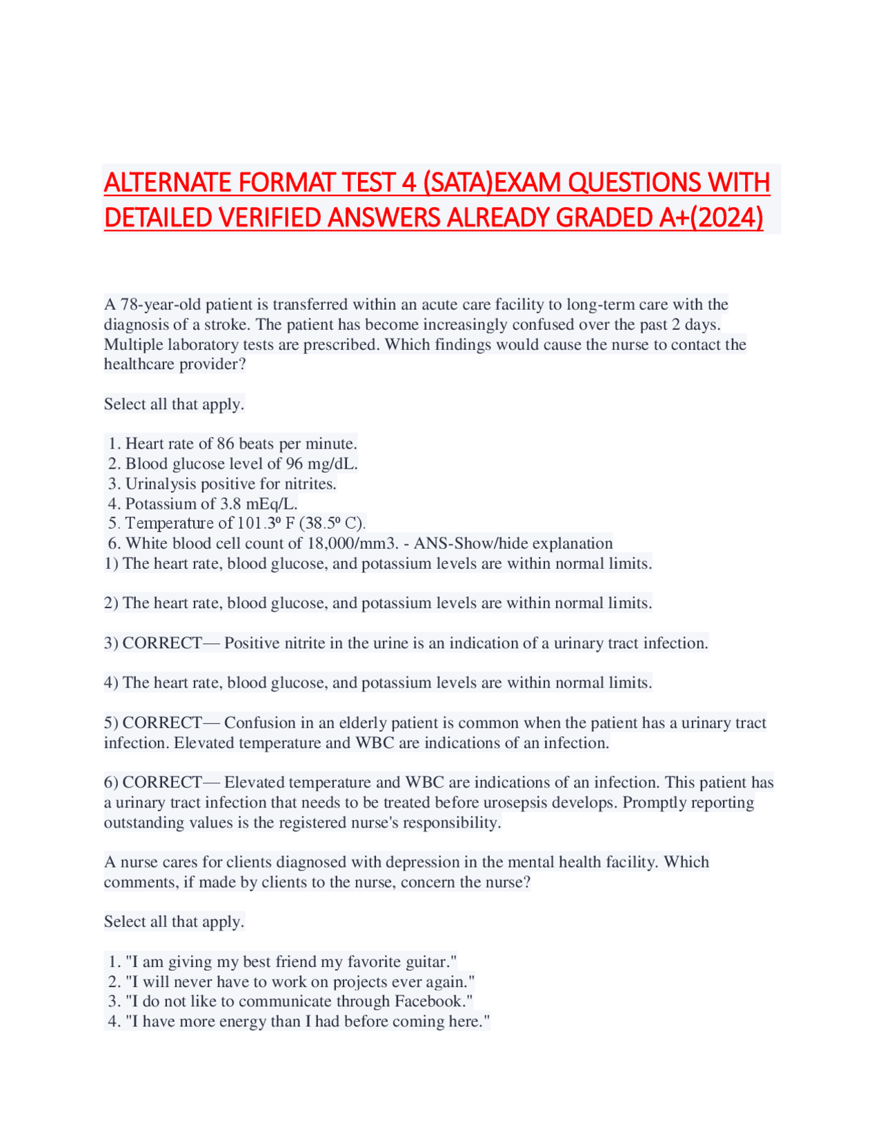 ALTERNATE FORMAT TEST 4 (SATA)EXAM QUESTIONS WITH DETAILED VERIFIED ...