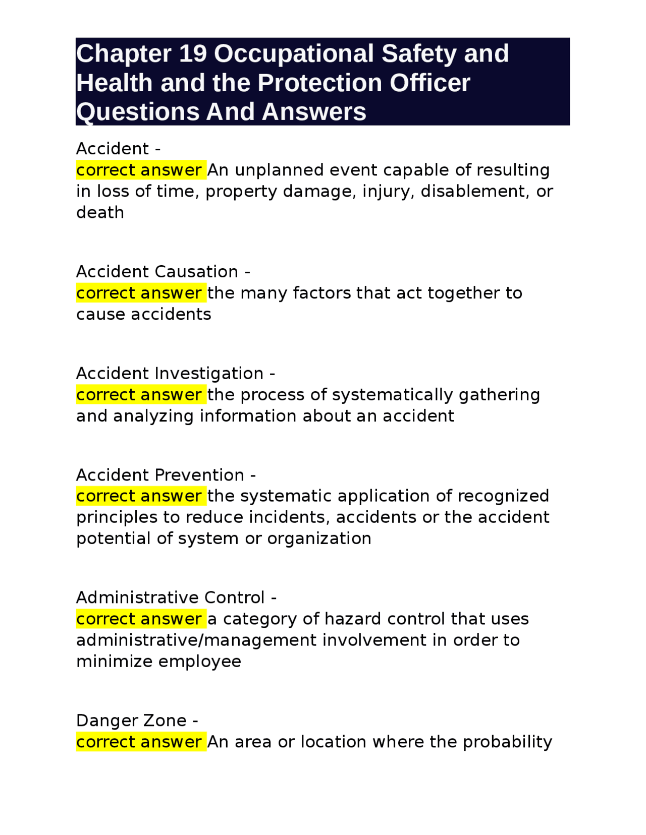 Chapter 19 Occupational Safety and Health and the Protection Officer Questions And Answers ...