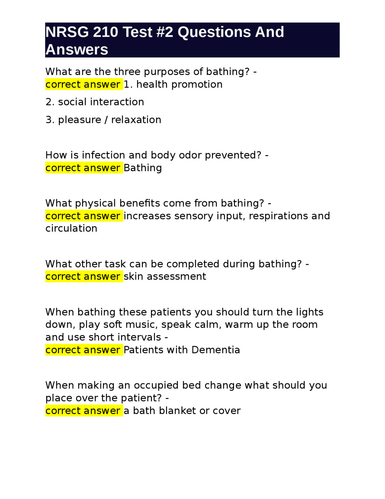 NRSG 210 Test #2 Questions And Answers | Exams Medicine | Docsity