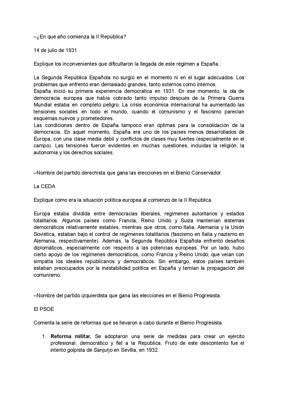 Preguntas cortas Historia | Exámenes selectividad de Historia | Docsity