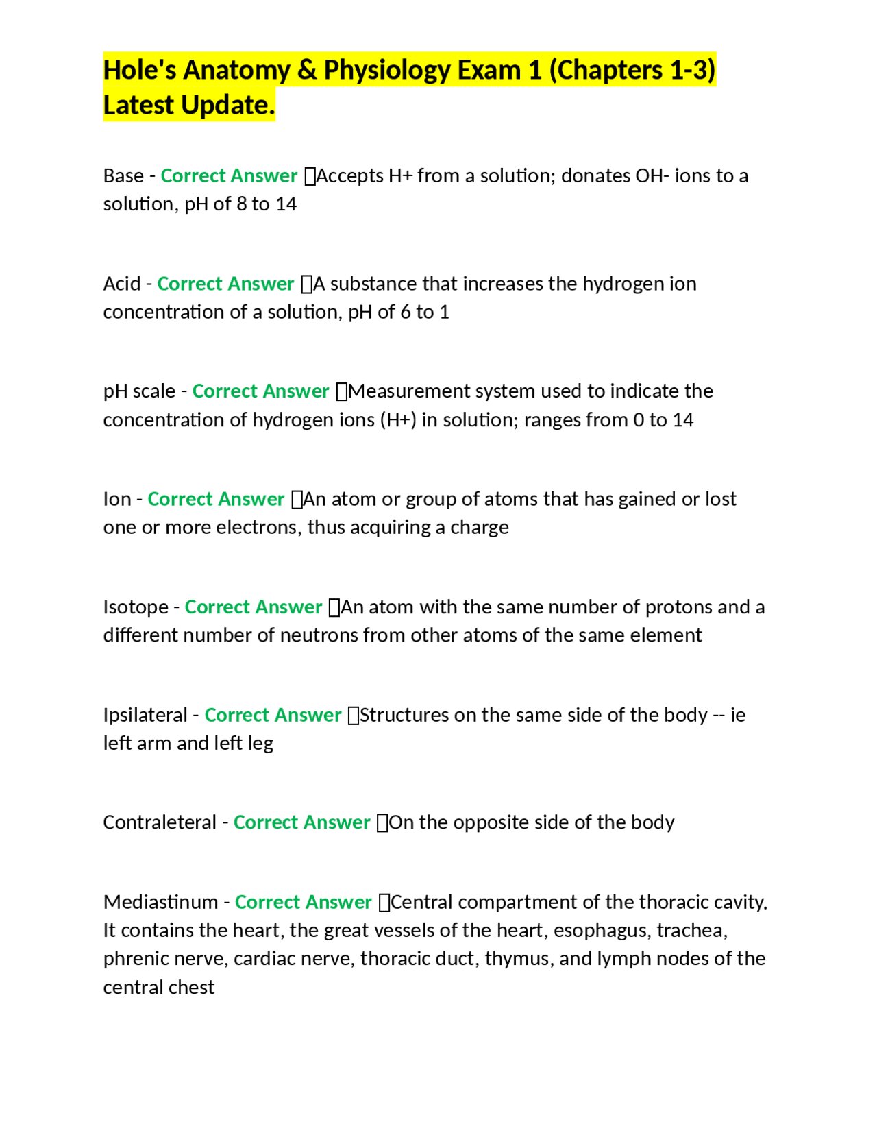 Hole's Anatomy & Physiology Exam 1 (Chapters 1-3) Latest Update ...