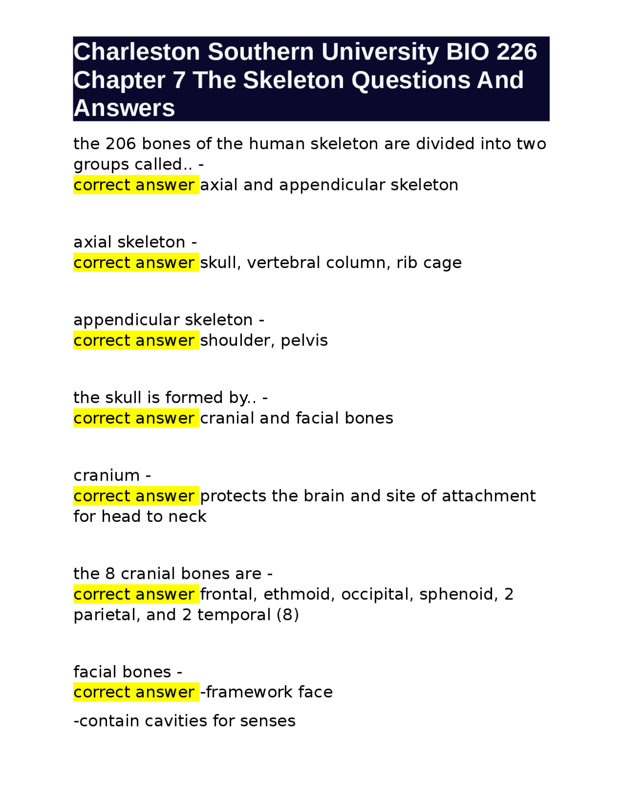 Charleston Southern University BIO 226 Chapter 7 The Skeleton Questions ...