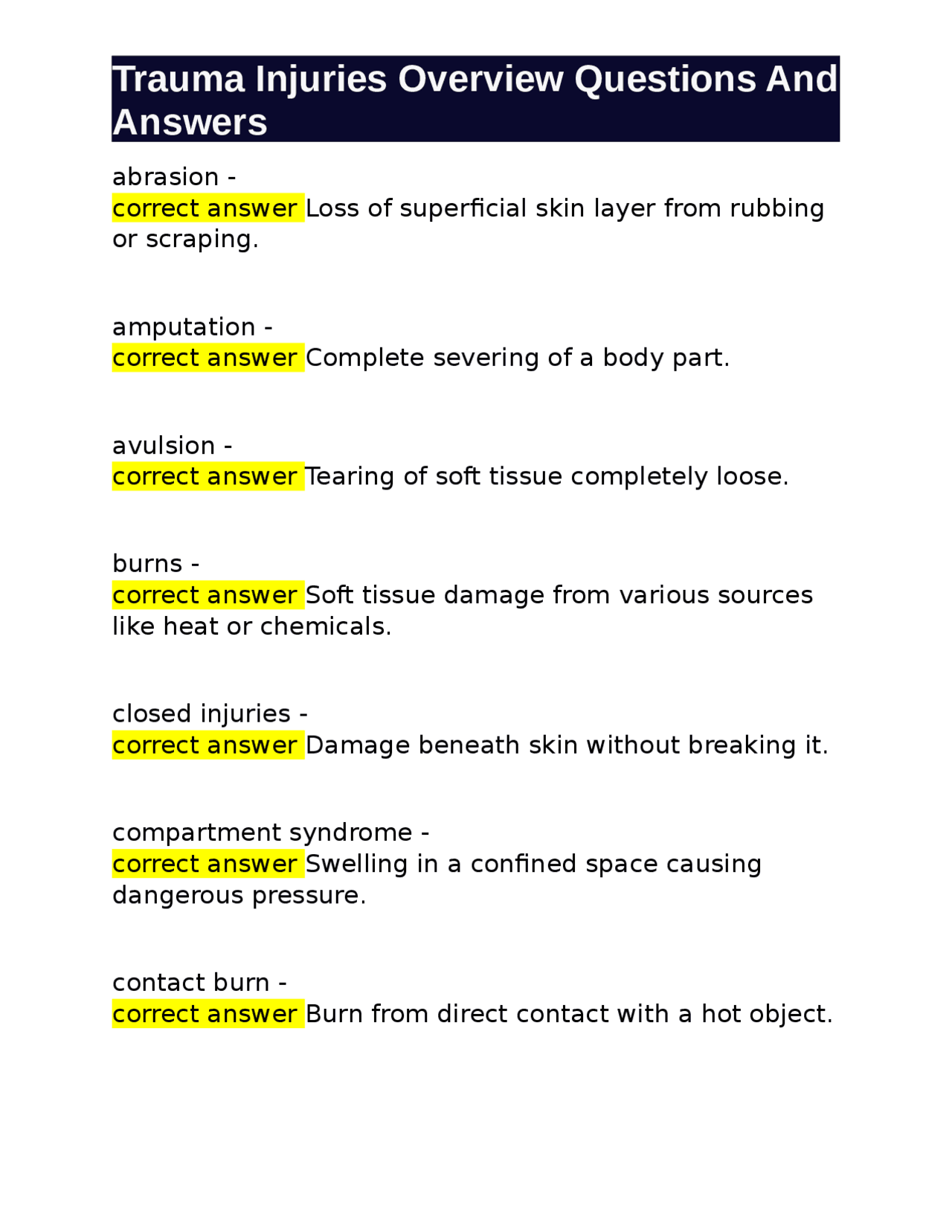 Trauma Injuries: Definition and Types | Exams Traumatology | Docsity