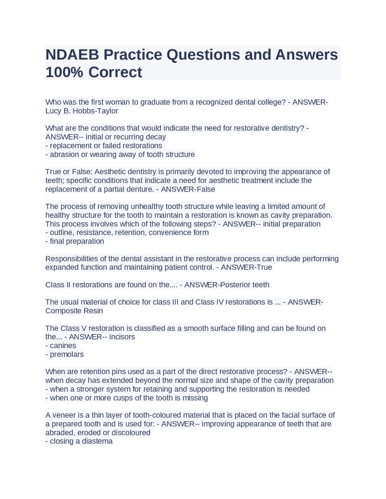 NDAEB Practice Questions and Answers 100% Correct | Exams Dentistry ...