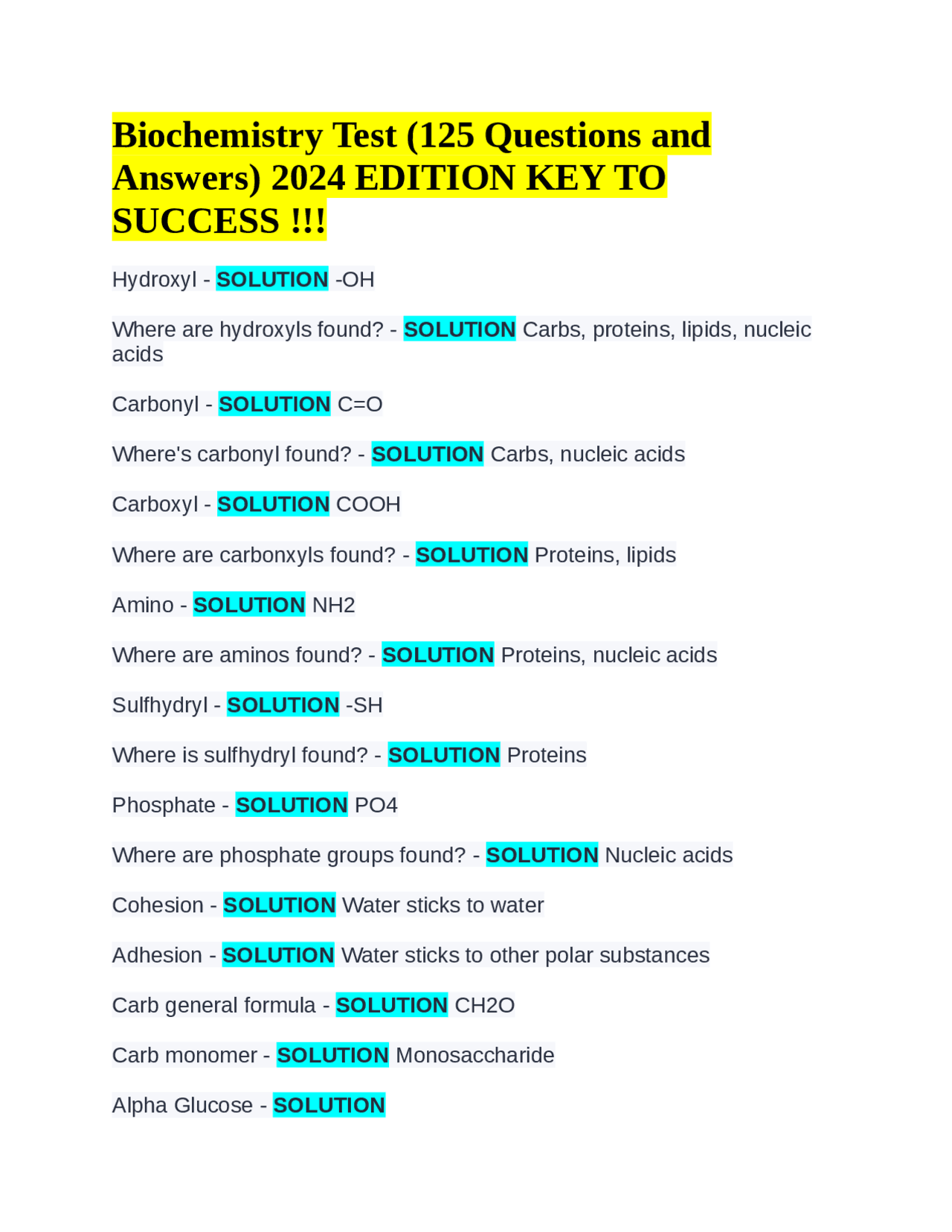 Biochemistry Test (125 Questions and Answers) 2024 EDITION KEY TO ...