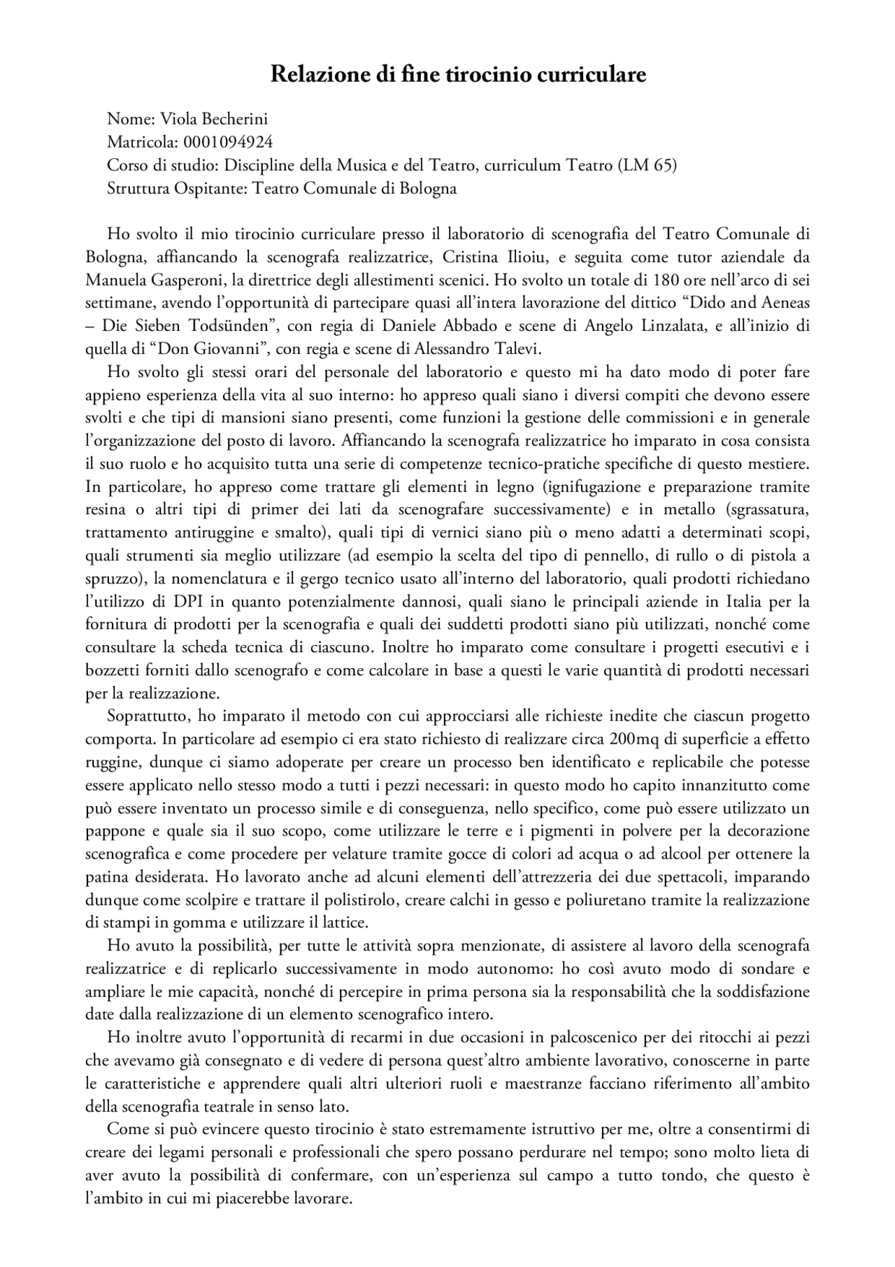 Esempio di relazione finale tirocinio | Esercizi di Scenografia | Docsity