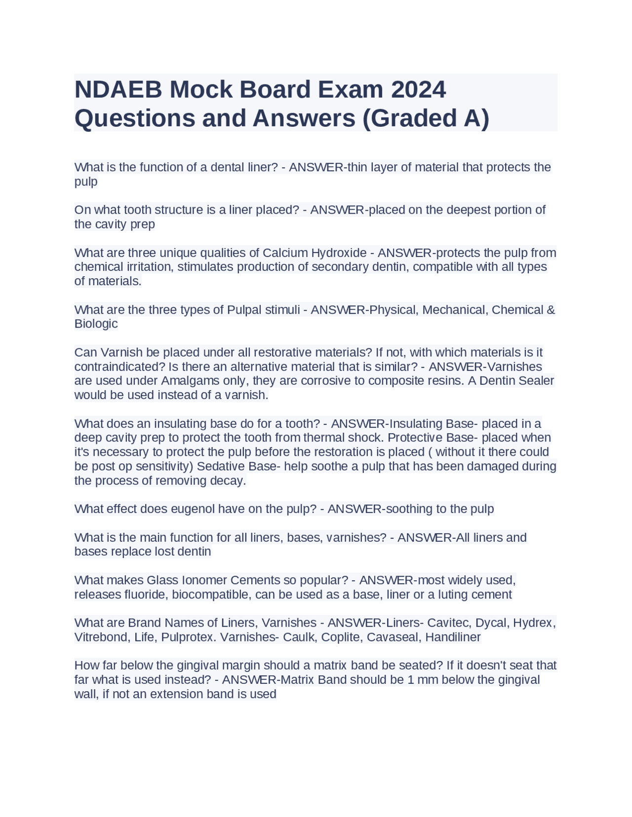 NDAEB Mock Board Exam 2024 Questions and Answers (Graded A) | Exams ...