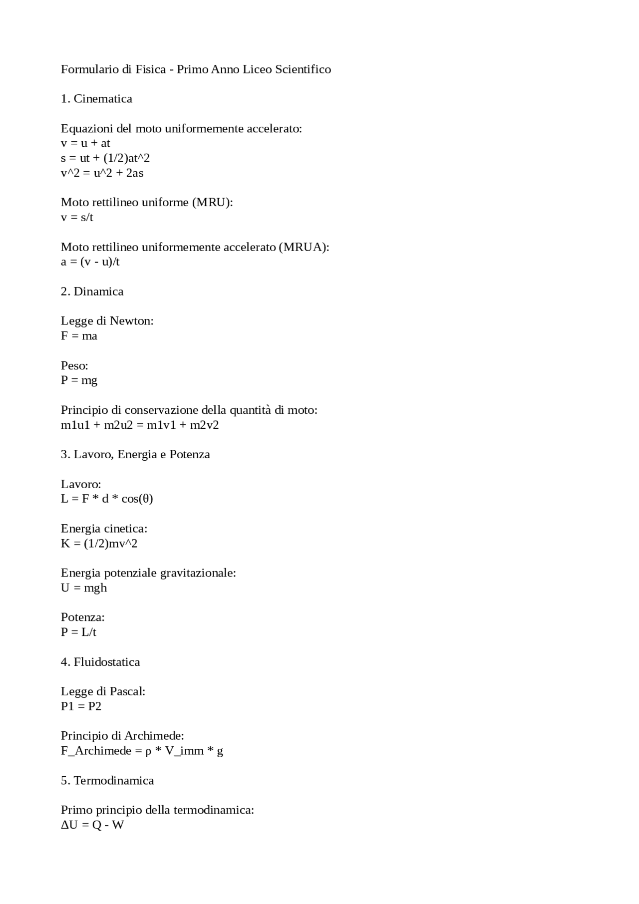 Formulario fisica 1 anno superiori | Formulari di Fisica | Docsity
