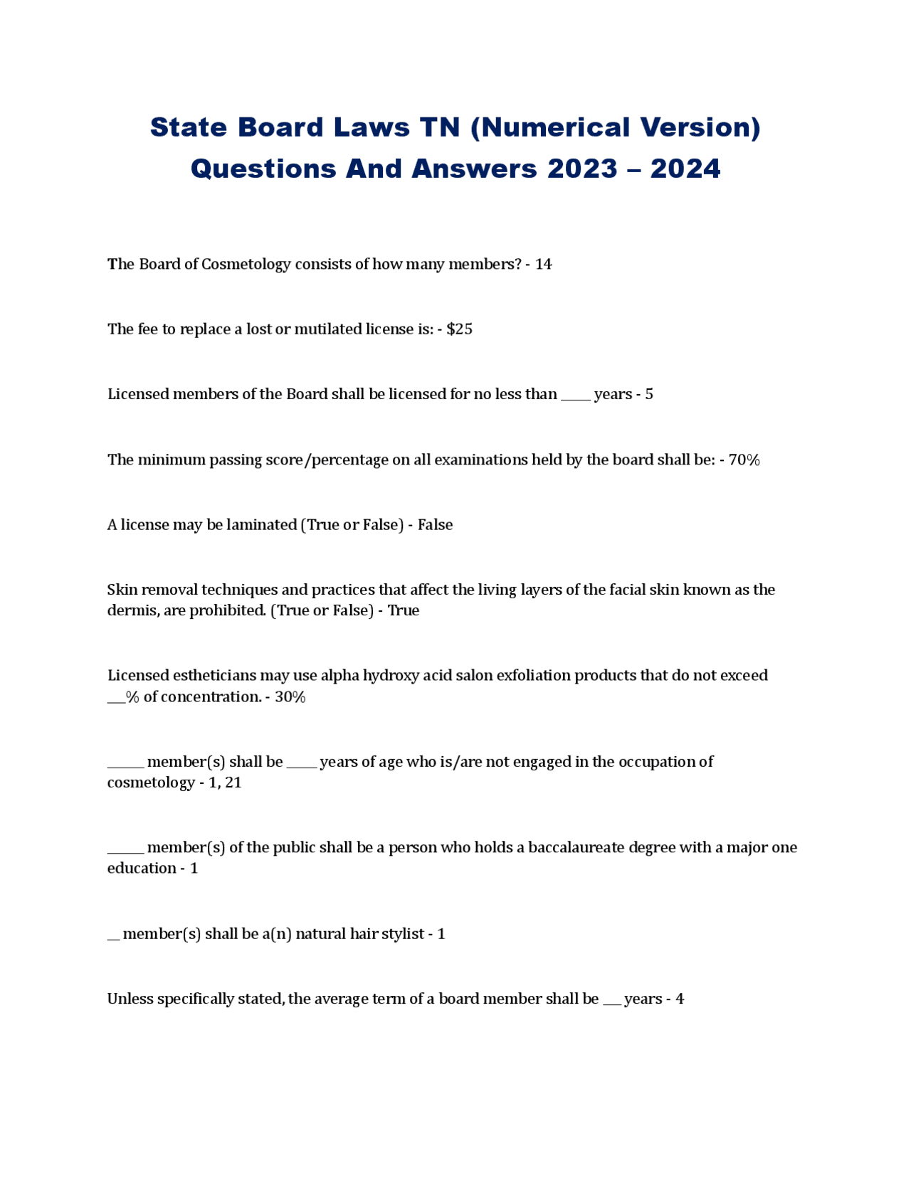 State Board Laws TN (Numerical Version) Questions And Answers 2023 ...