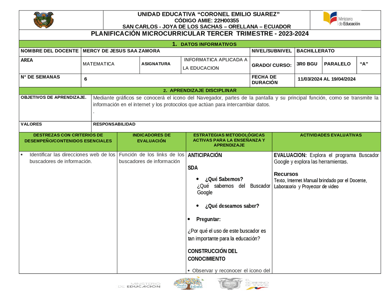 Planificación Microcurricular: Informática en Educación - U.E. 'Coronel Suarez' | Esquemas y ...